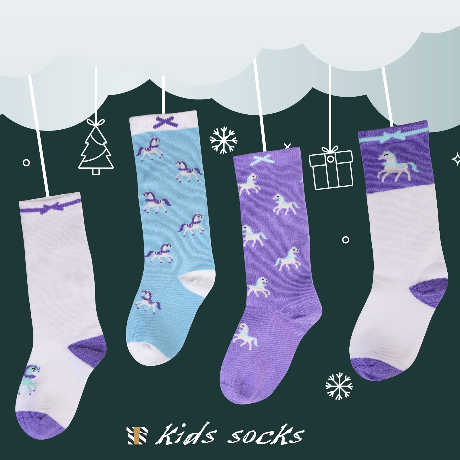 Harrison Howard Breathable & Comfortable Children Horse Pattern Cotton Socks Perfect for Active Equestrian Kids 4 Pairs/Pack Purple - Large