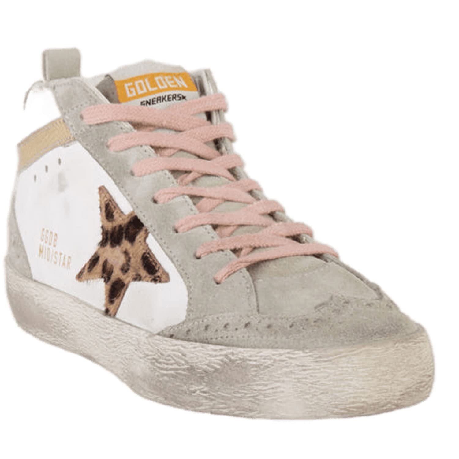 Golden Goose Mid Star Leather Upper Suede Toe and Spur Mini Leo Star Mini Viper Print Wave Glitter Heel Womens Distressed Sneakers - 38 White