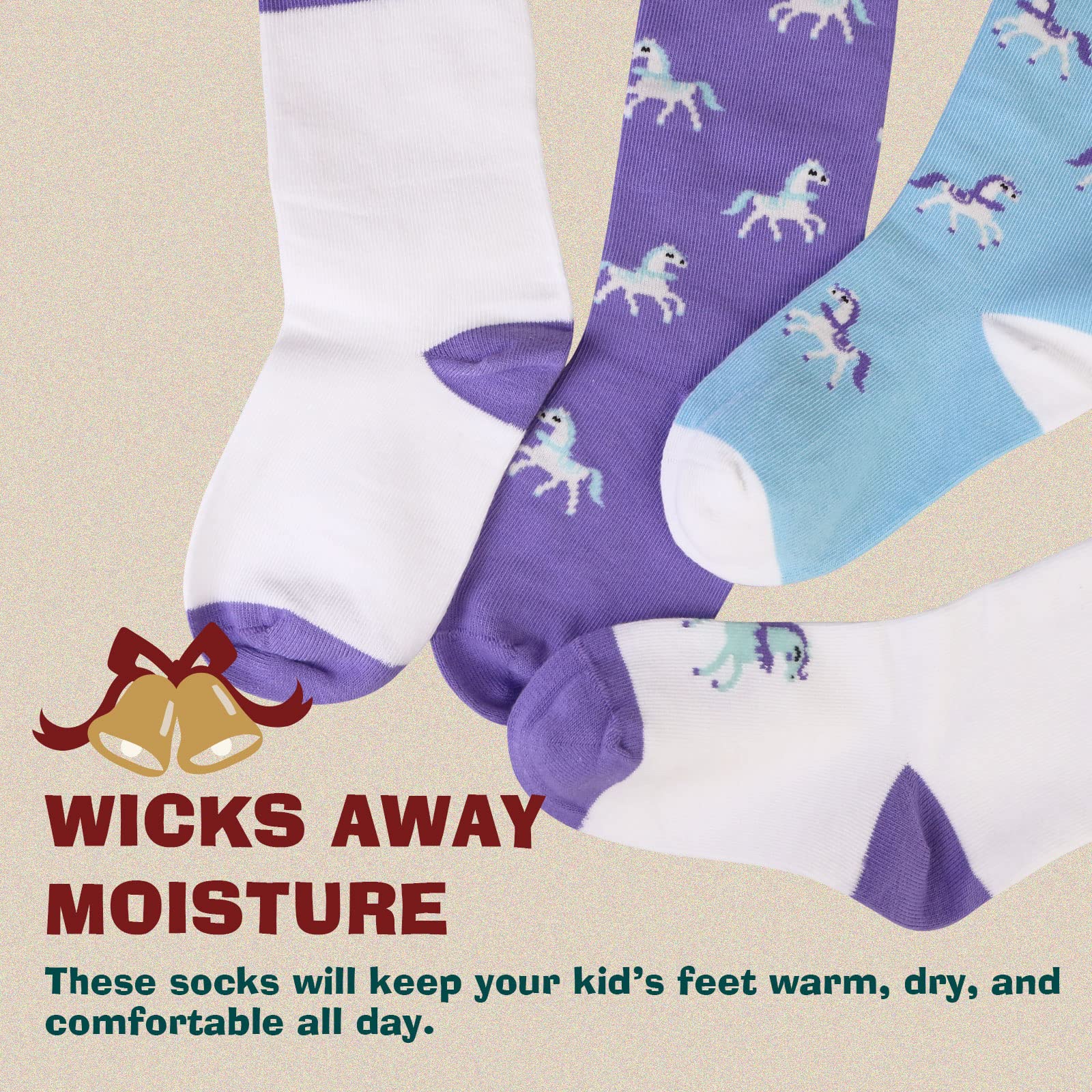 Harrison Howard Breathable & Comfortable Children Horse Pattern Cotton Socks Perfect for Active Equestrian Kids 4 Pairs/Pack Purple - Large