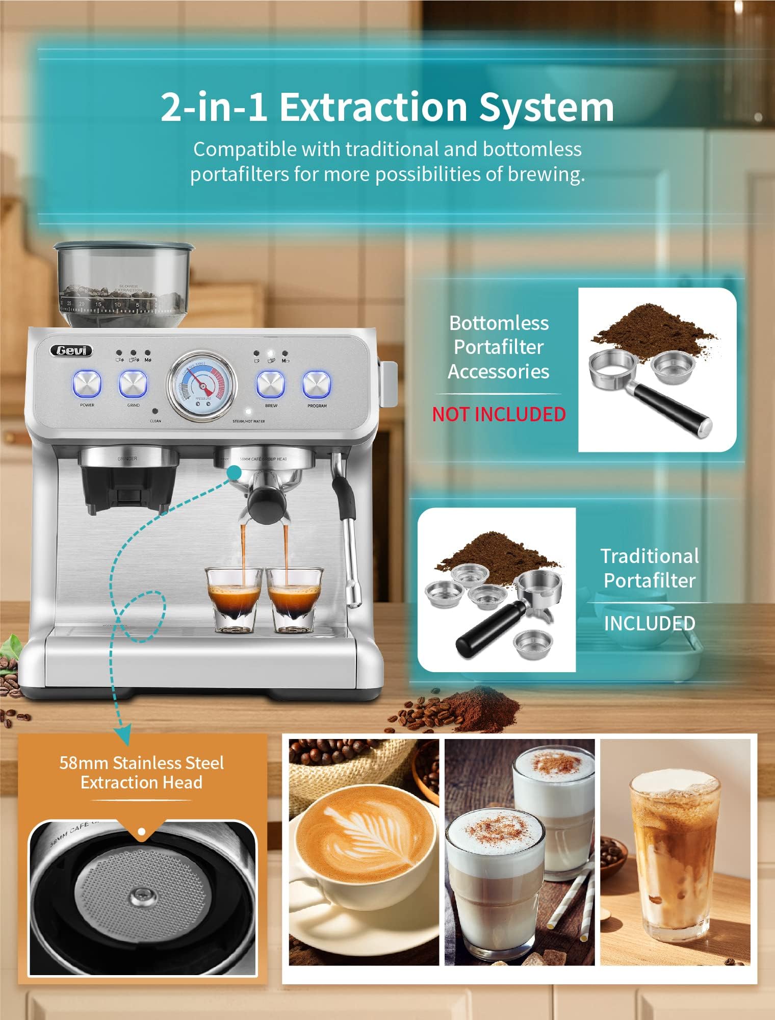 Gevi 20Bar Semi Automatic Espresso Machine With Grinder & Steam Wand β All in One Espresso Maker & Latte Machine for Home Dual Heating System