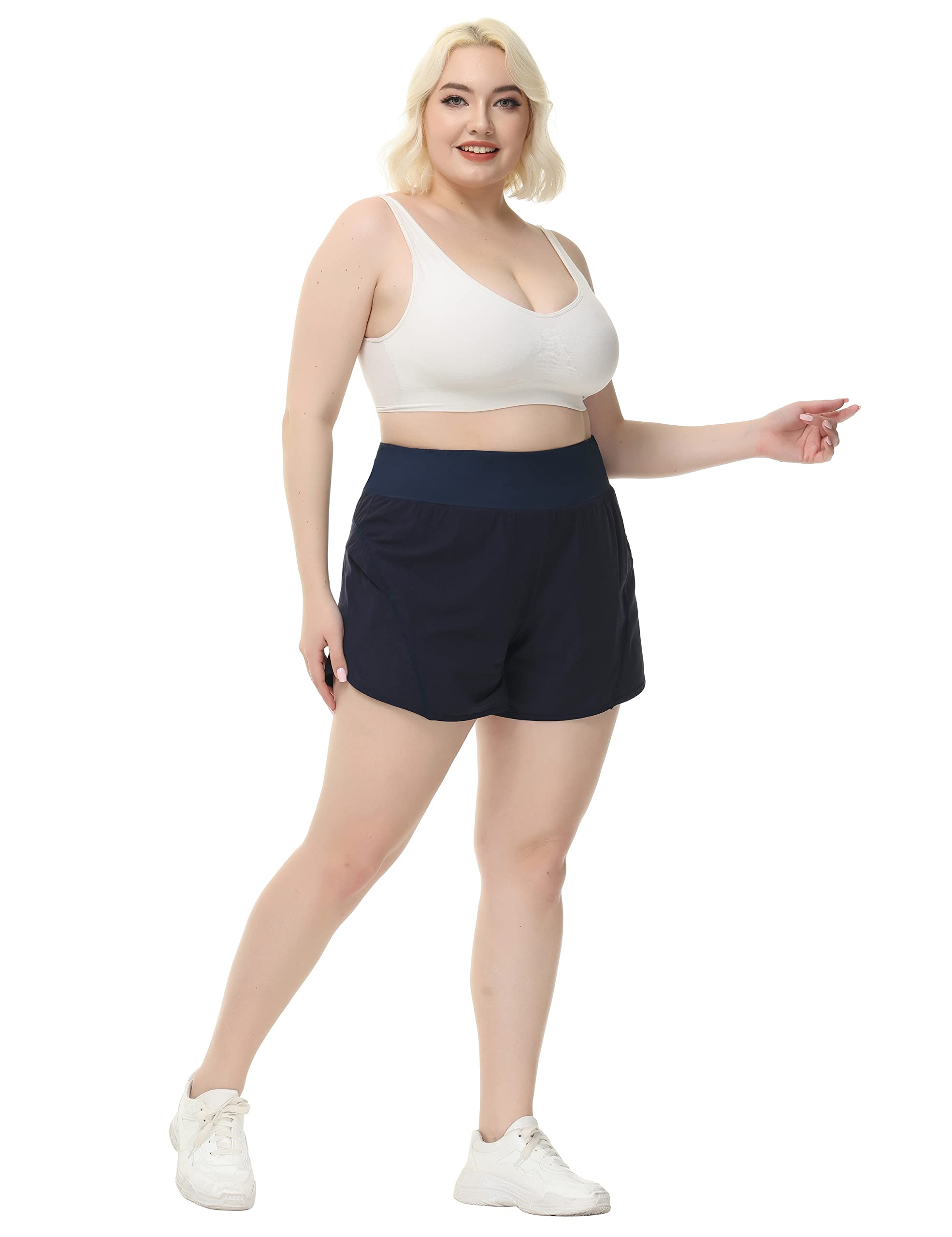 Hanna Nikole Womens High Waisted Running Shorts Quick Dry Athletic Workout Shorts with Liner Zipper Pockets 16W Navy Blue