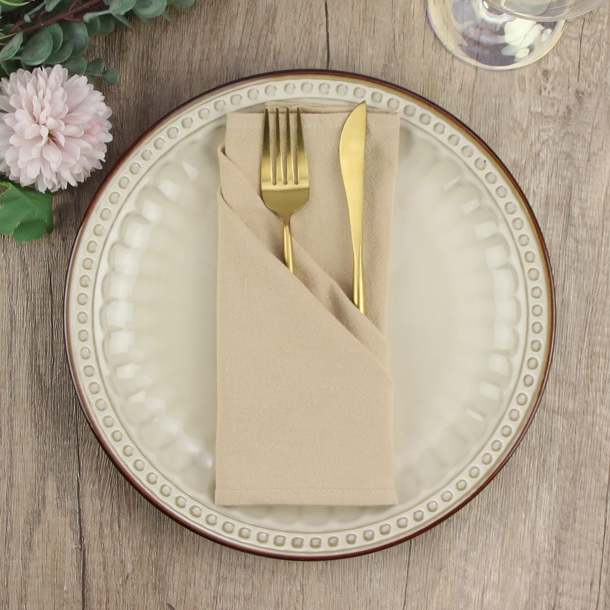 INFEI Plain Color Dinner Cloth Napkins, Set of 12 (16.9 x 16.9 Inches), Reusable Cotton Kitchen Table Napkin, for Cocktail Parties, Weddings, Hotel & Home Use (Linen)