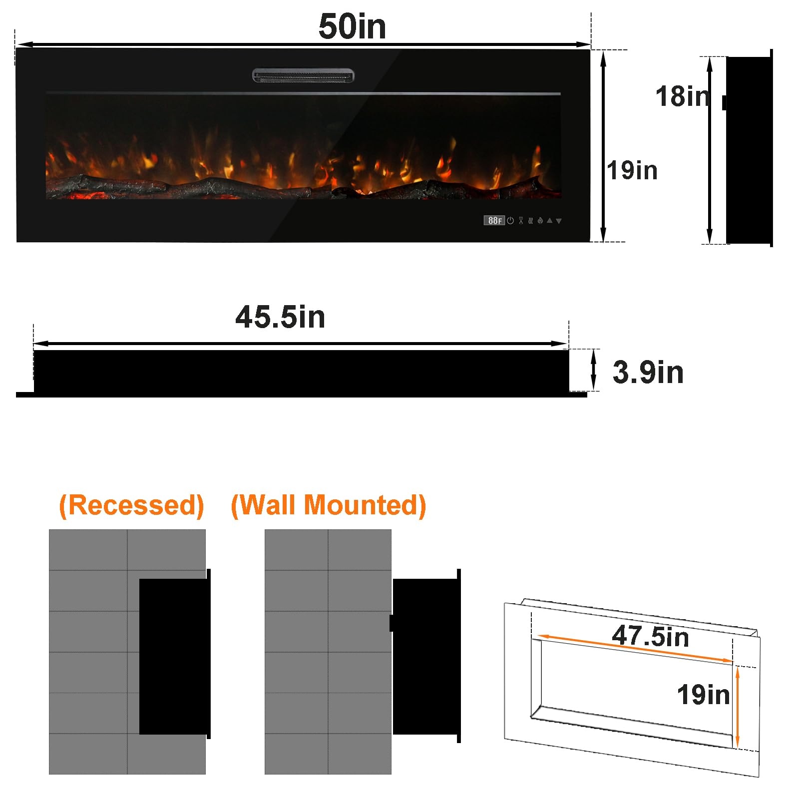 Hello.Dr 50" Ultra-Thin Electric Fireplace Recessed and Wall Mounted - Touch Screen & Remote Control with 12h Timer - Realistic 9 Color Flame and 5 Brightness - Log & Crystal Options,750/1500W