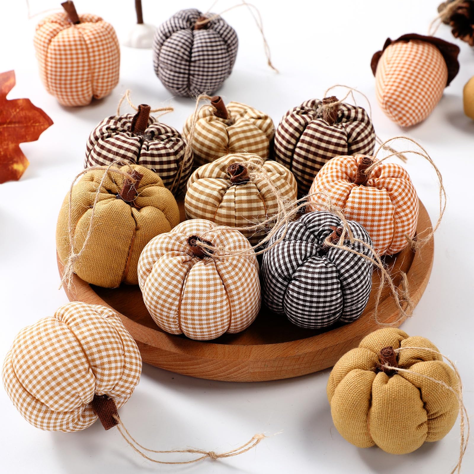 Hiboom 12 Pcs Farmhouse Fall Thanksgiving Decor Plaid Fabric Acorns Pumpkin Hanging Ornaments Autumn Tray Table Decor Thanksgiving Tree Decoration (Pumpkin)