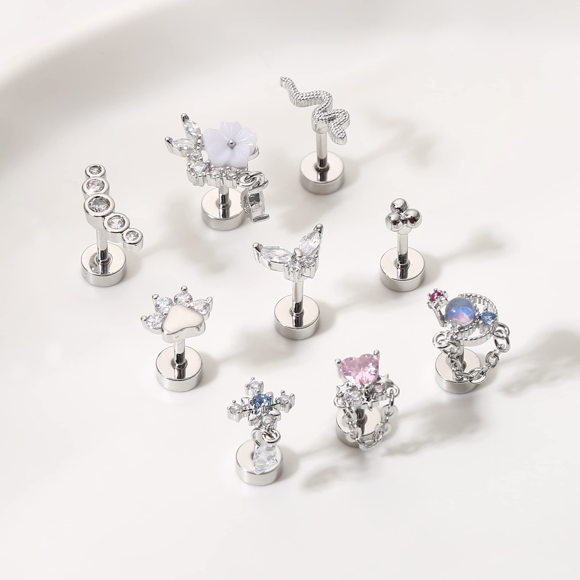 Jstyle 9 Pcs 16G Cartilage Earrings for Women 316L Stainless Steel CZ Dangle Conch Helix Tragus Flat Back Earrings Screw Back Ear Piercing Jewelry Studs