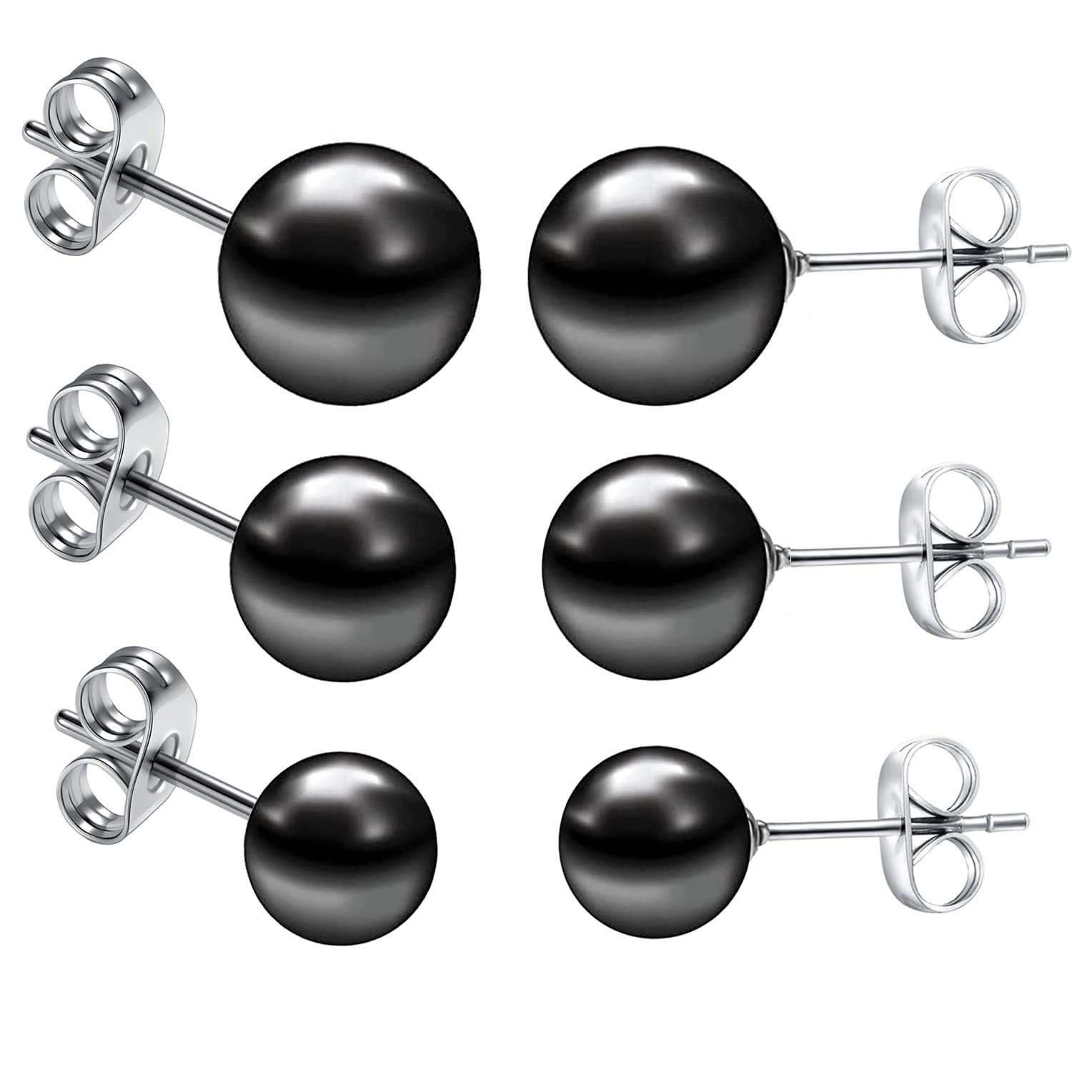 IRUMENG Magnetic Hematite Ball Studs Earrings, 3 Pairs Black Hematite Ball Earring Studs for Men and Women