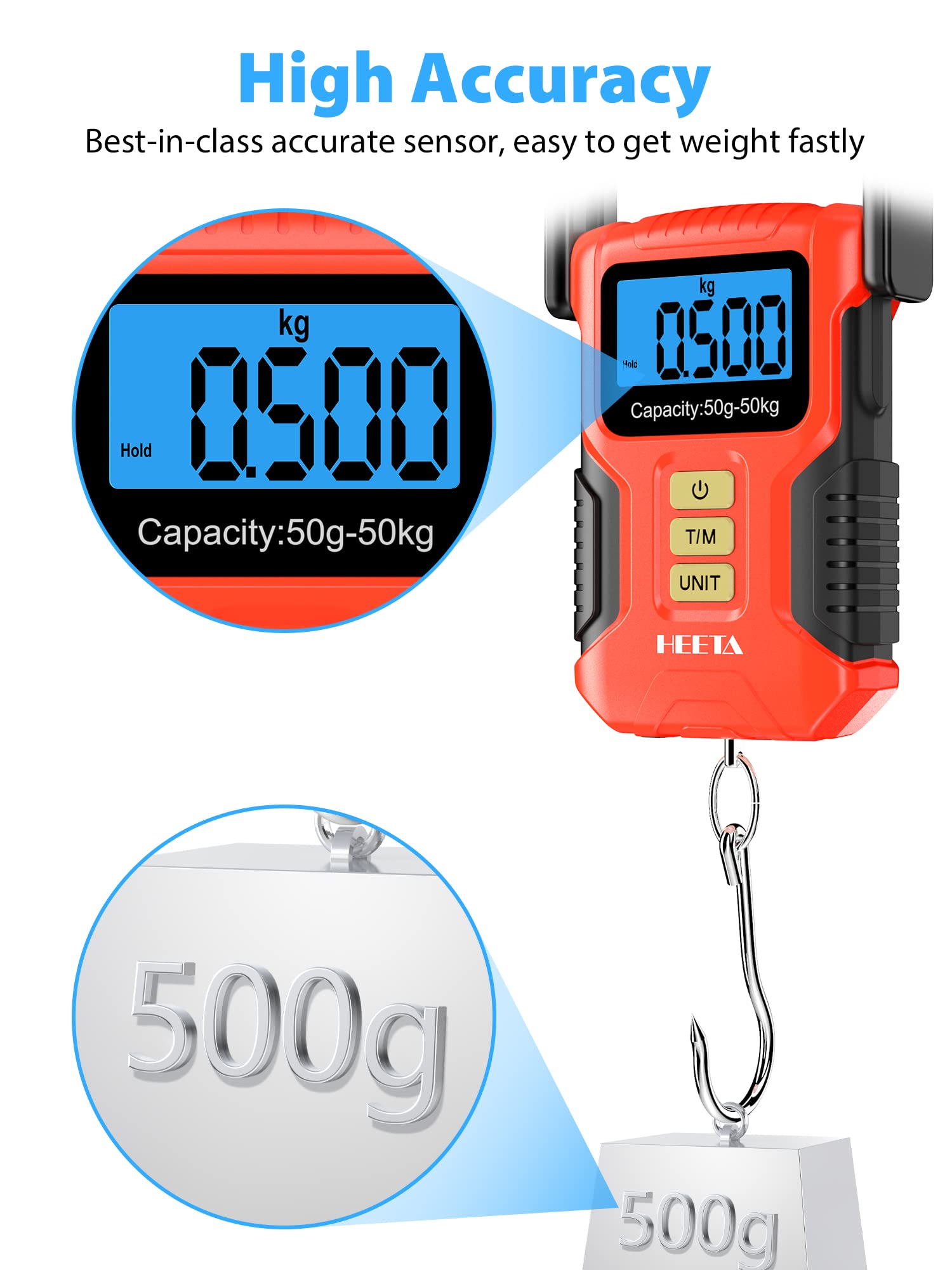 HEETA Waterproof Fishing Scale, Digital Fish Scale 110lb/50kg with Memory Function, Portable Hanging Luggage Scale with Fluorescent Button, 40β Ruler, Backlit LCD Display- Weight Scale, Red
