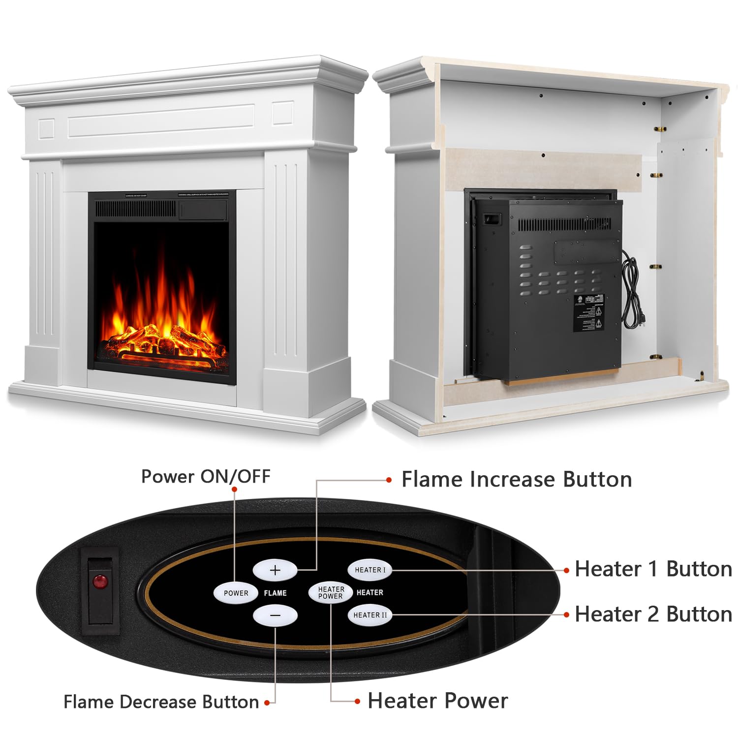 Havato 43" Electric Fireplace with Mantel, Wooden White Fireplace Mantel with Remote Control, Freestanding Fireplace, Handmade Paint Finish Fireplace Mantel, 7Level Adjustable Led 3DFrame, 750W/1500W