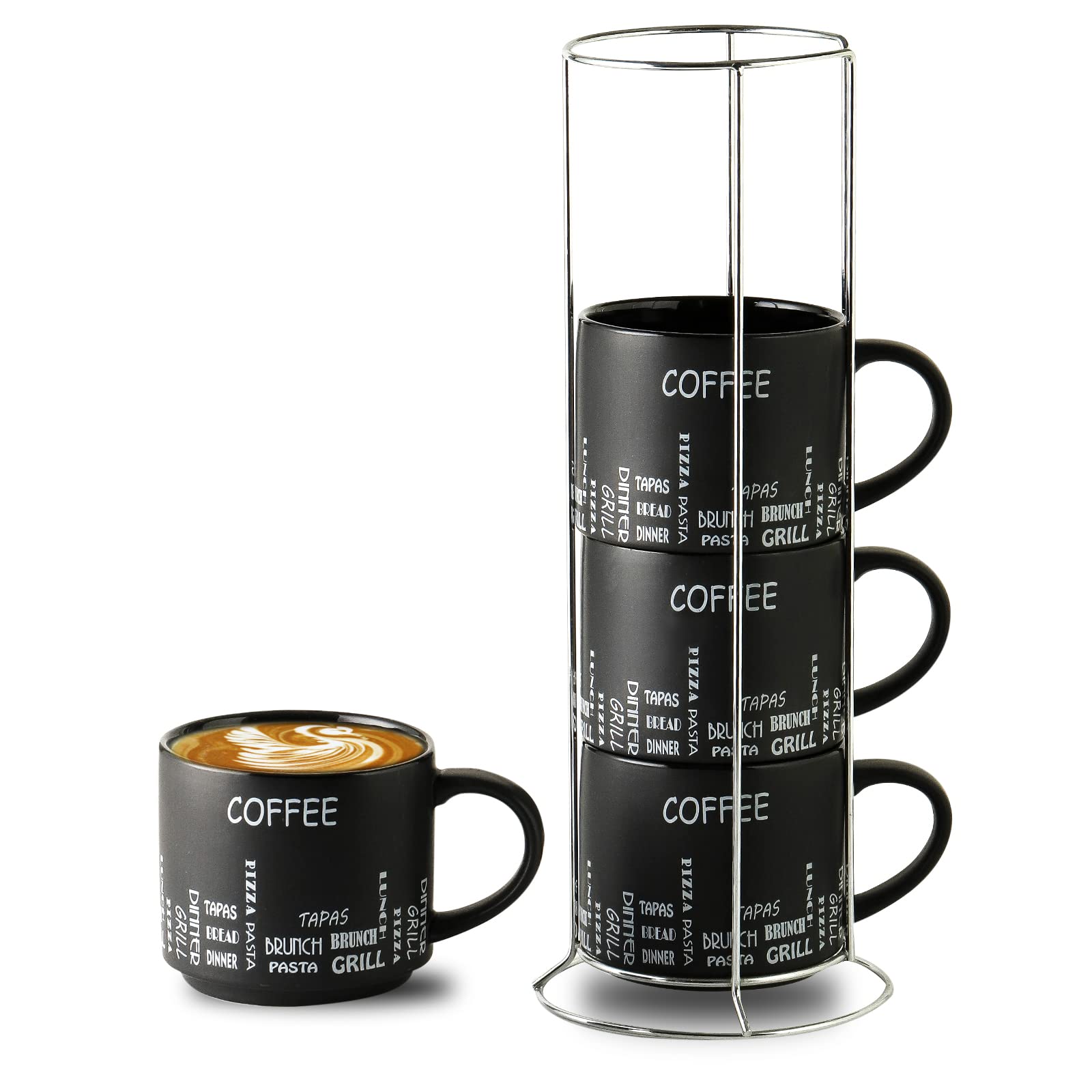 Hasense Stackable Coffee Mugs Set of 4 with Rack, 15 OZ White Large Ceramic Coffee Cups with Stand for Coffee, Cappuccino, Cocoa, Latte, Tea, Milk and Soup, Farmhouse Decor