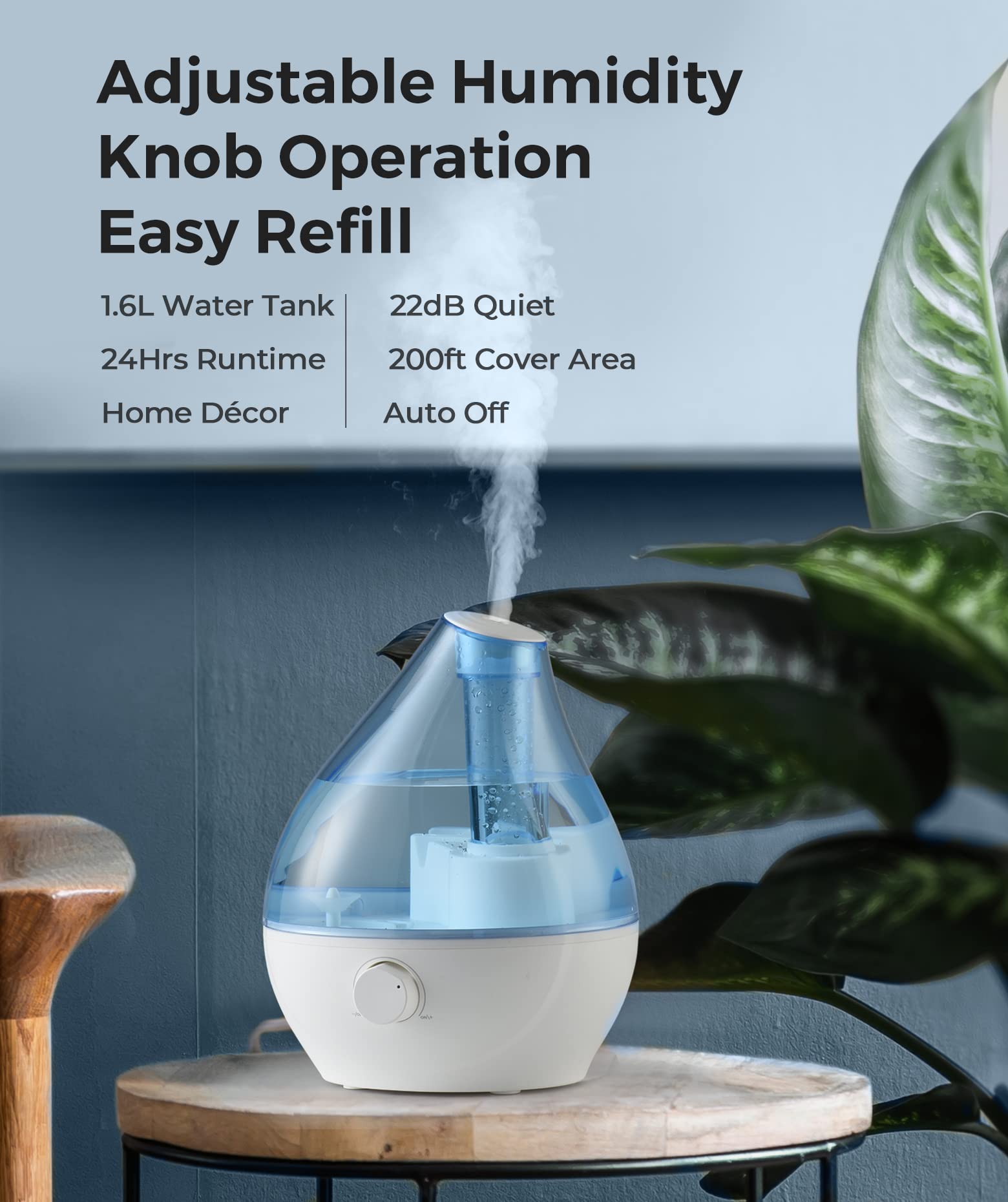 Humidifier for Bedroom, 1.6L Cool Mist Humidifier with Night Light, 22dB Quiet Humidifiers for Large Room, 360° Rotate Nozzle and Adjustable Mist, 24 Hrs Available Cool Mist, Easy to clean, Auto Off