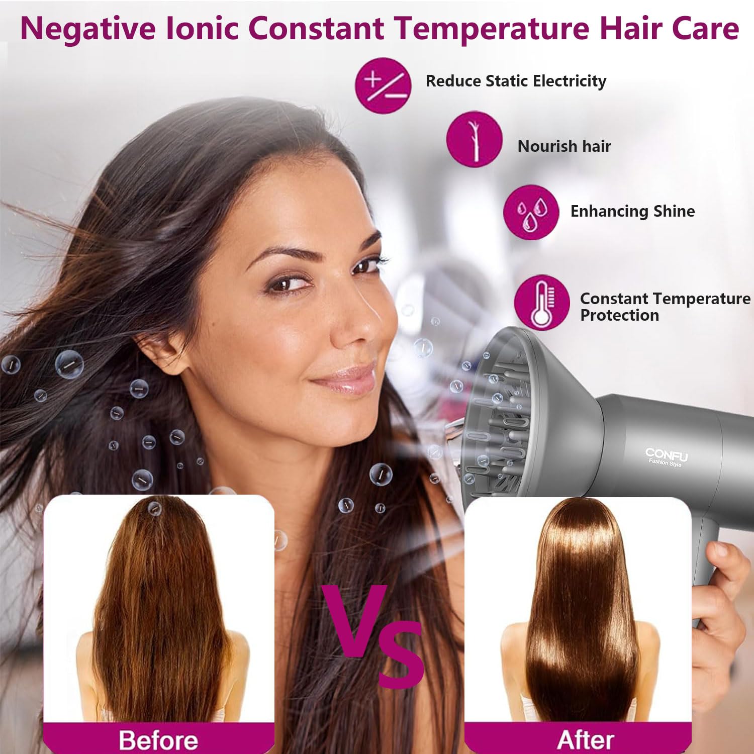 Hair Dryer with Diffuser, Professional Salon Negative Ions Blow Dryer Powerful 1600W for Fast Drying, 3 Heating & Infinity Speed, with Constant Temperature, No Hair Damage, Low Noise