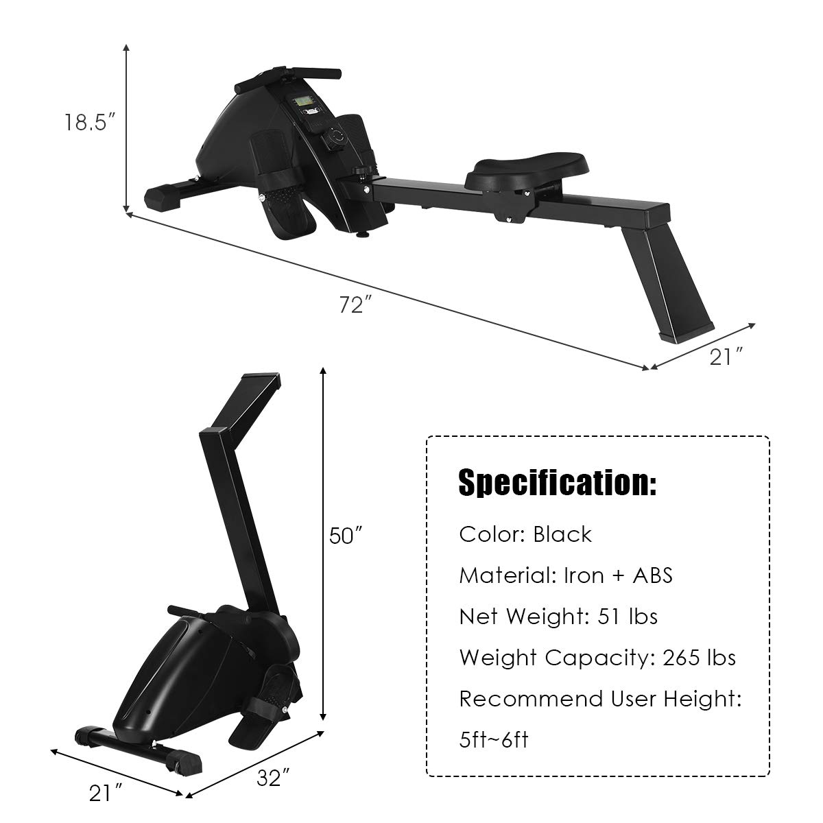 GYMAX Magnetic Rowing Machine, Foldable Rower with Digital Monitor & 10 Level Adjustable Resistance, Quiet Operated Fitness Rower for Home/Office/Apartment (Black)