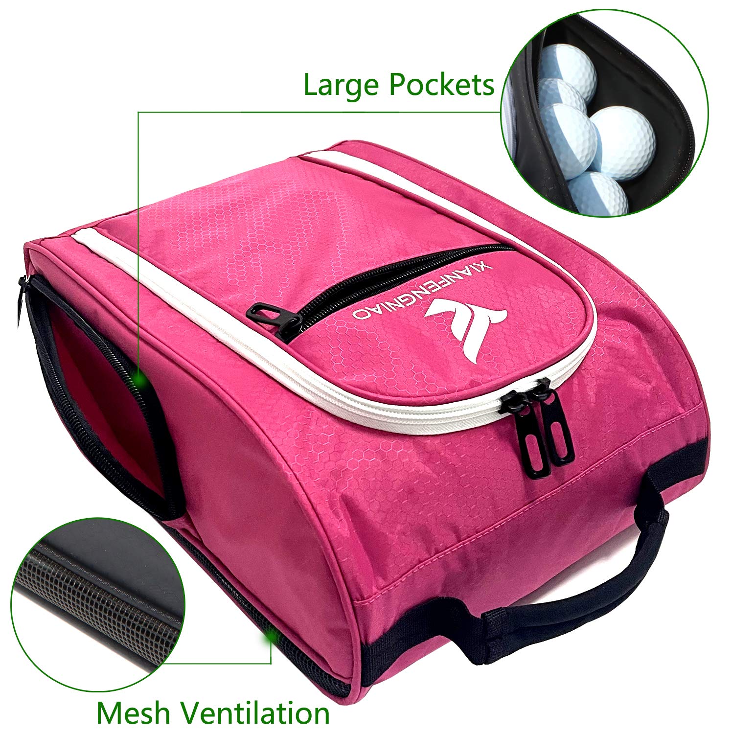 Golf Shoe Bag for Women,Zippered Golf Shoe Carrier Bag with Ventilation and 3 External Pockets for Golf Balls, Golf Glove, Tees and Other Golf Accessories(Red)