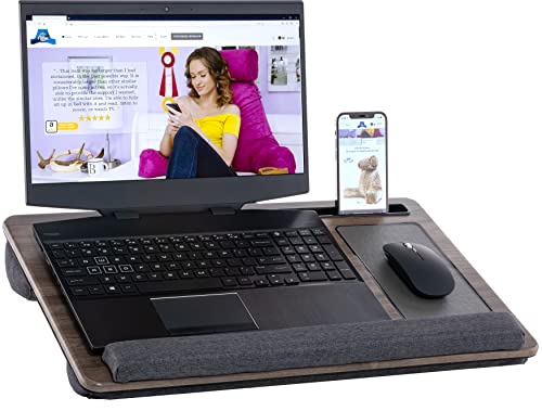 Husband Pillow Combo - Backrest Pillow with Arms : Medium White & Foldable Laptop Tray : Gray - Memory Foam Reading Pillows for Bed w/Removable Neck Roll & Laptop Bed Tray Table