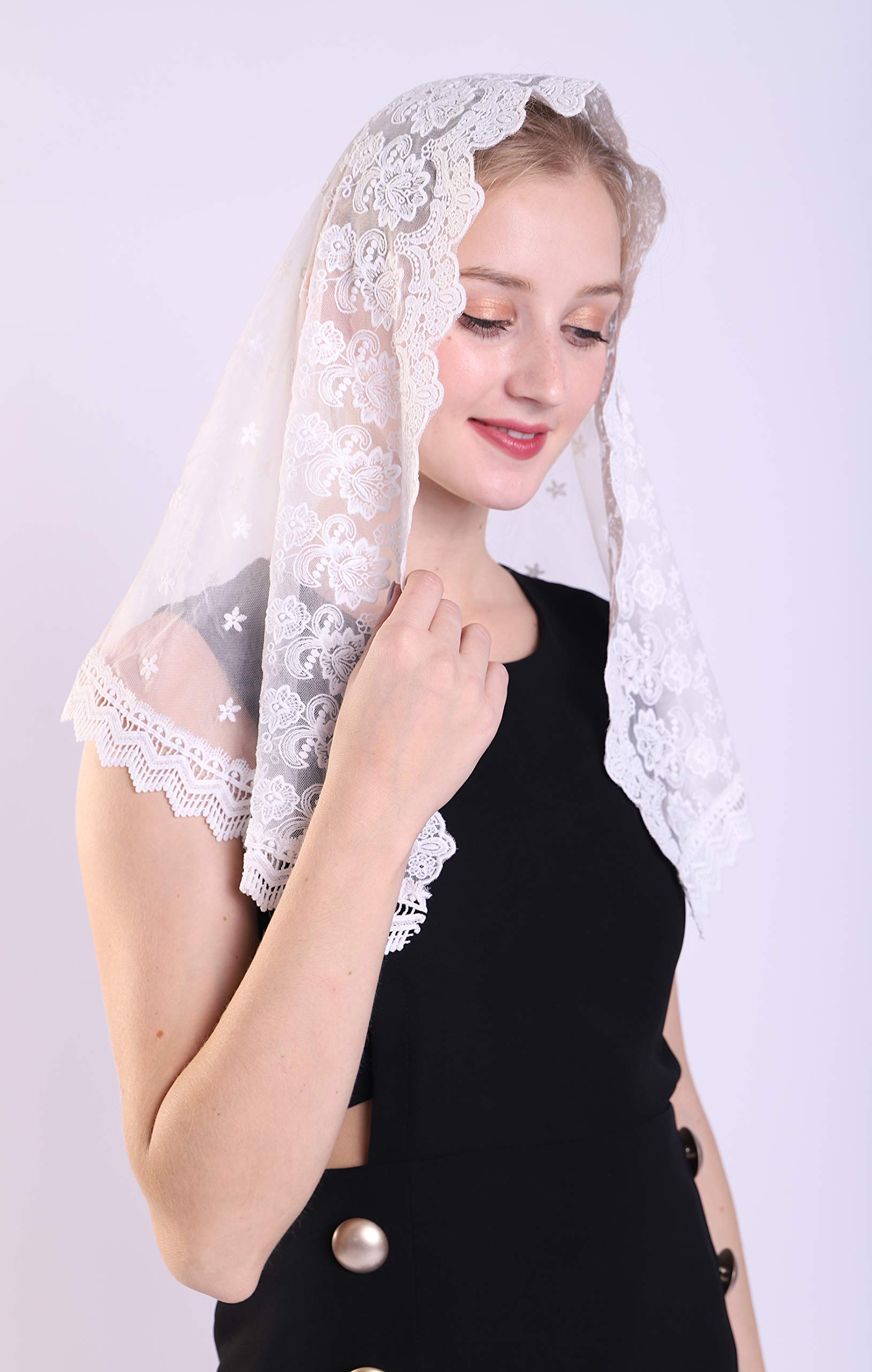 Grettytling Chapel Veil Embroidered Lace Mantilla Veil Head Covering Veils for Church,White