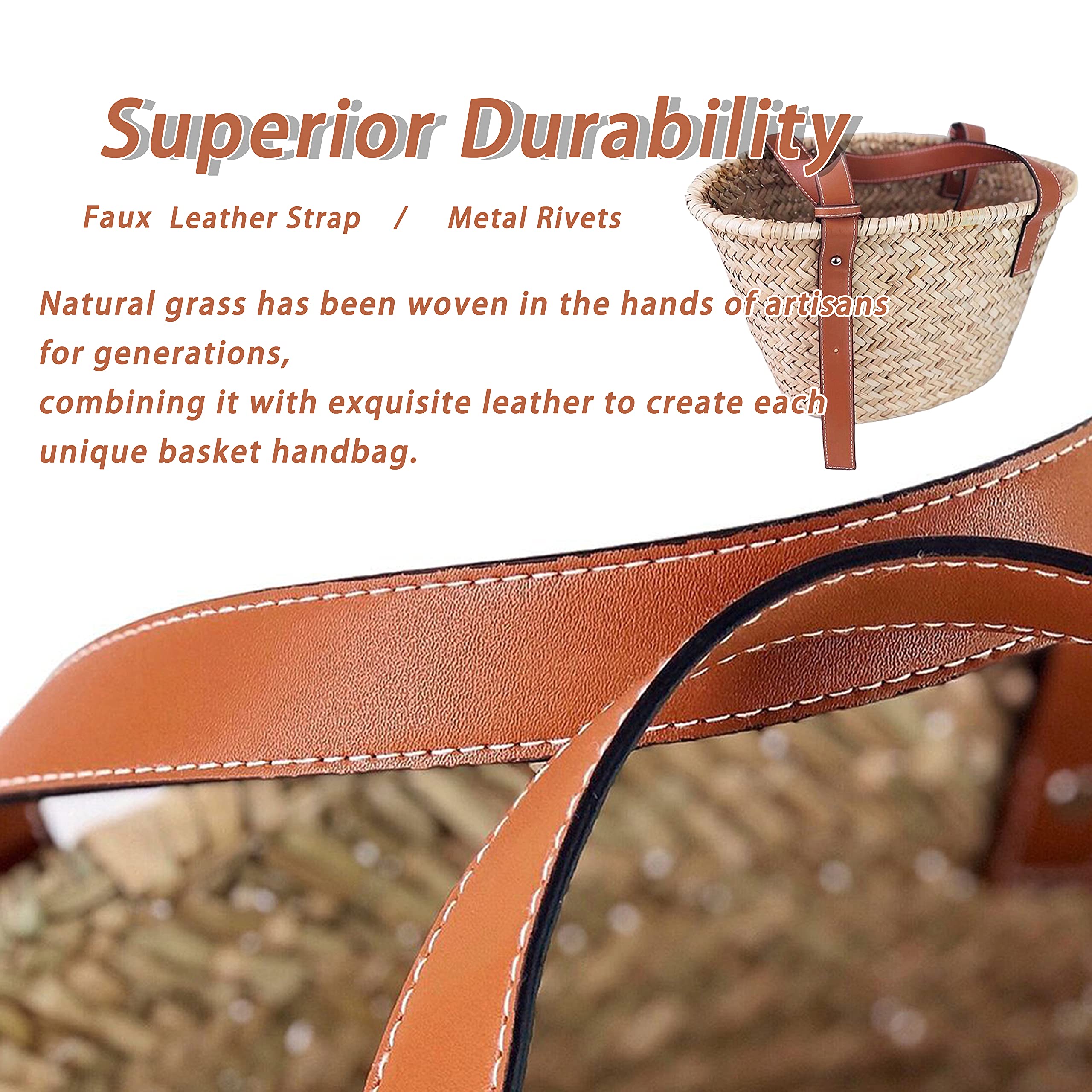 JAYAVENTURA Straw Basket Tote Bag for Women PU Leather Strap Hollow Out Woven Top Handle Straw Purses and Handbags Summer Beach (Brown)