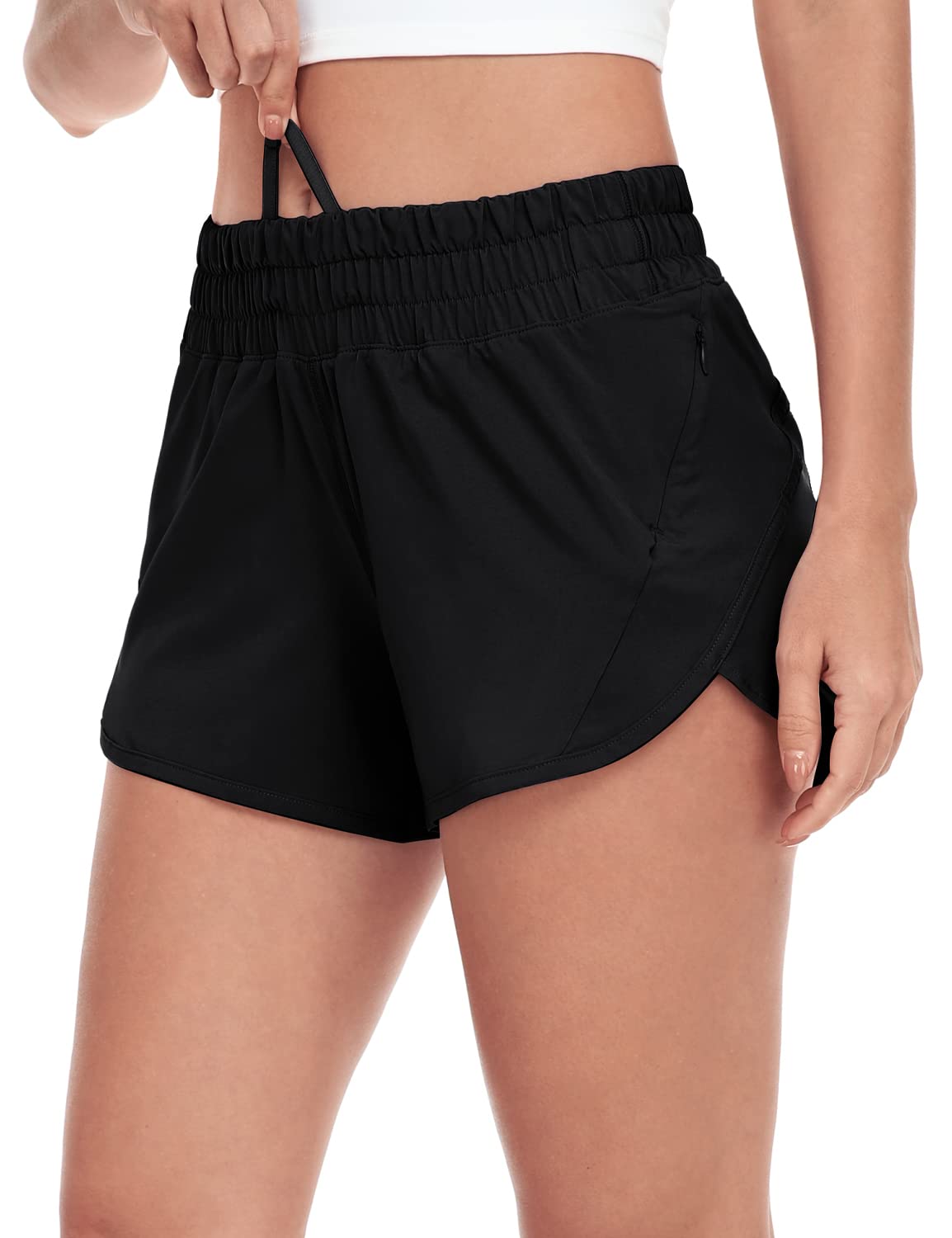 HeyNuts Stride Running Shorts for Women, Mid Waisted Athletic Shorts with Side Pocket Workout Shorts with Liner 4'' Black M(8/10)