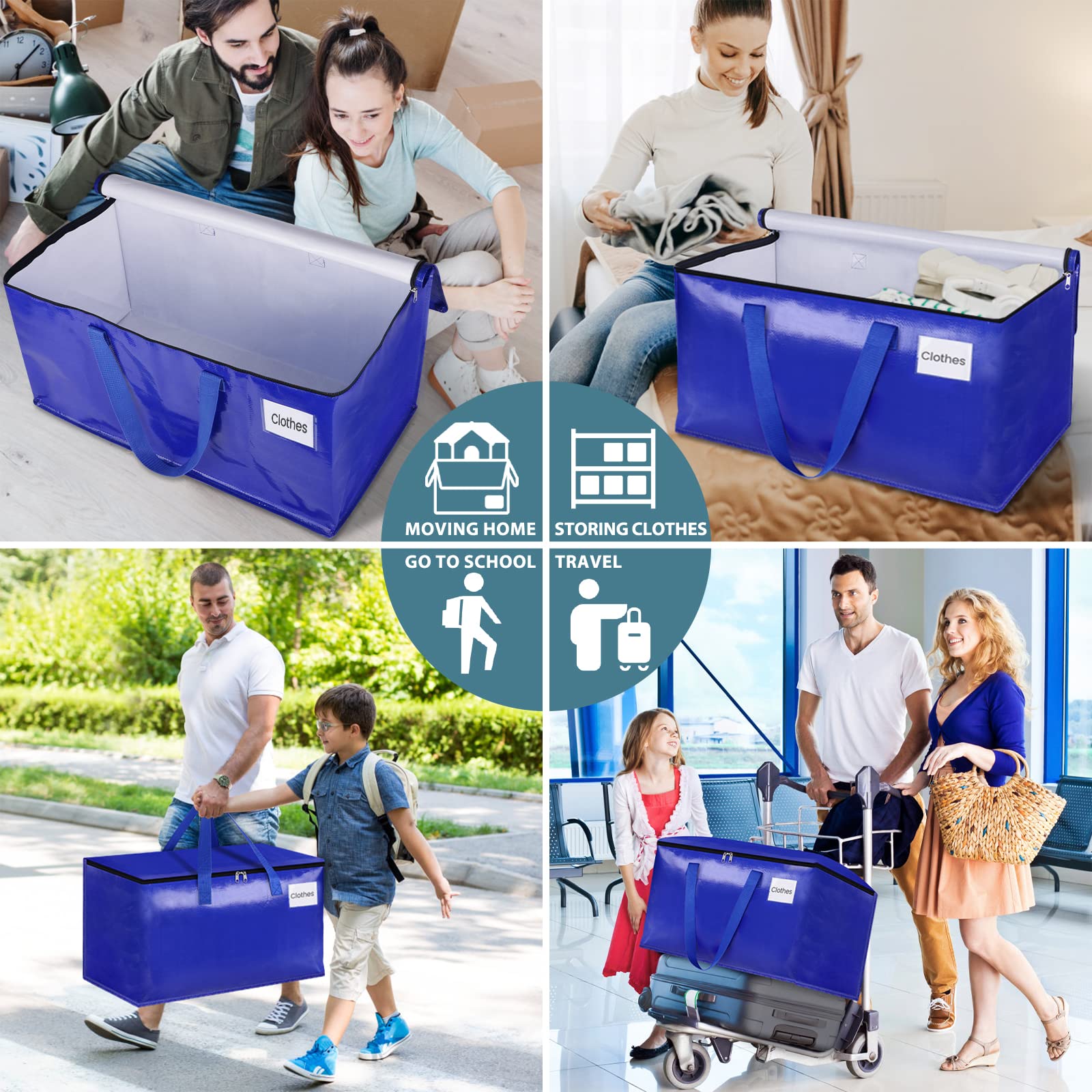 HomeHacks Moving Bags, 8-Pack Heavy Duty with Strong Zippers and Handles Collapsible Moving Supplies, Storage Totes for Packing & Moving Storing 93L (Blue)
