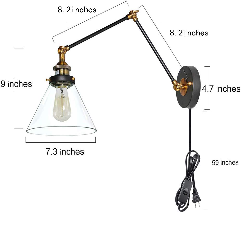 H XD GLOBAL E27 Industrial Retro Style Wall Sconce Lamps Lighting, Clear Small Umbrella Wall Lamp, Bedroom Bedside Wall Lights,Corridor Wall Sconces (Plug-in)