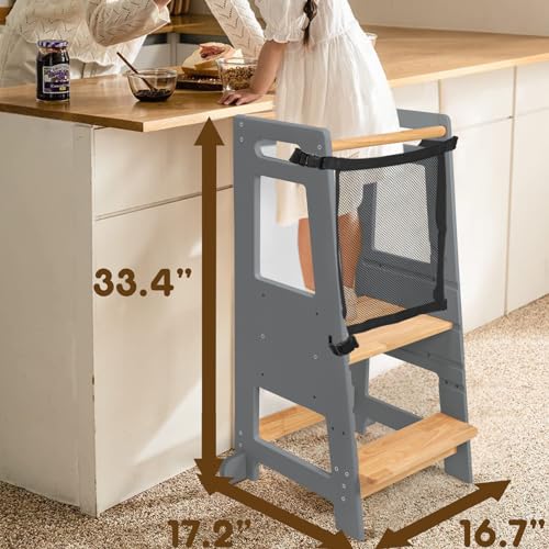 HARPPA Toddler Kitchen Stools Helper with Adjustable Height and Anti-Slip Protection, Kids Standing Tower with Safety Rail, Toddlers Step Stool with Learning Chalkboard Gray