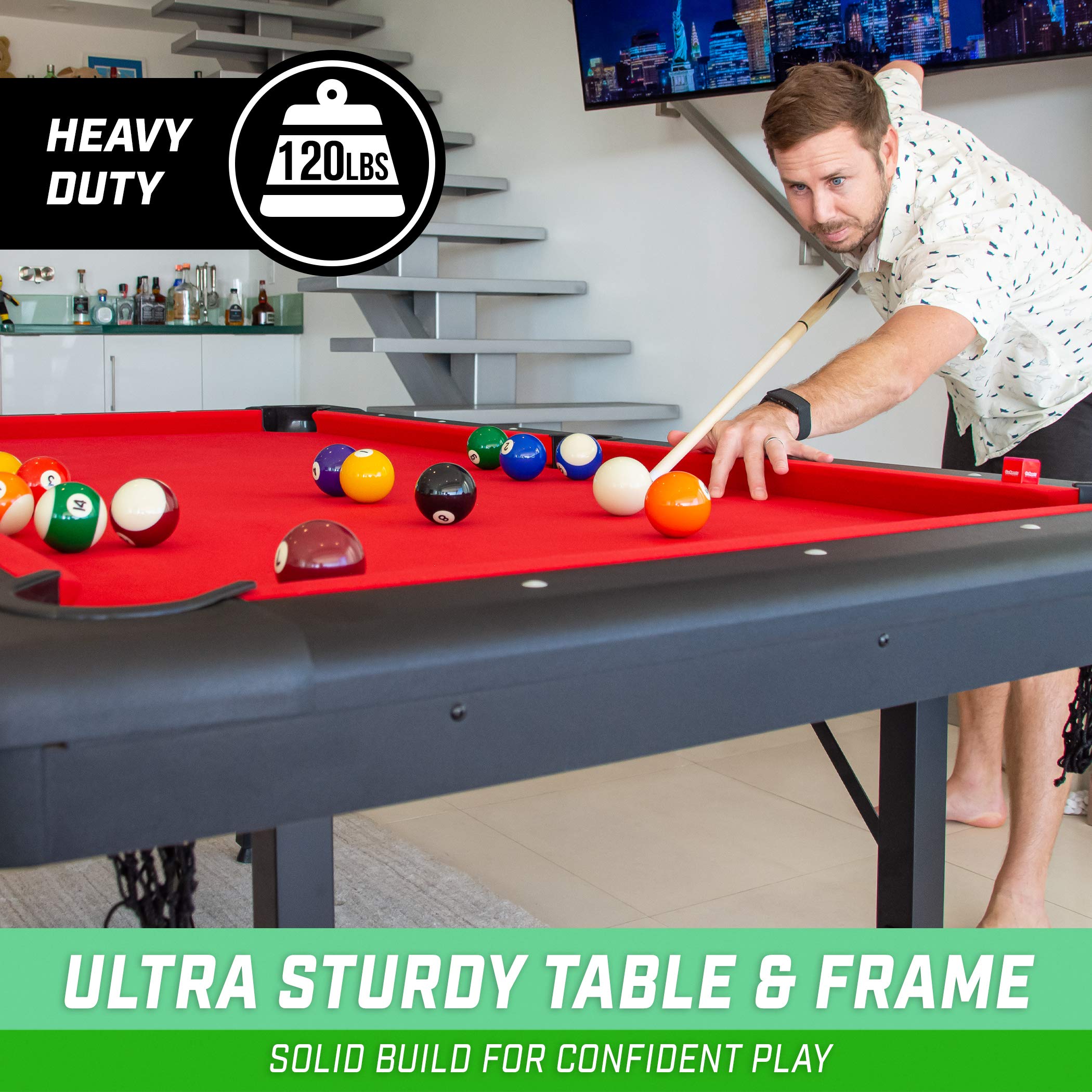 GoSports 6 ft Billiards Table - Portable Pool Table - Includes Full Set of Balls, 2 Cue Sticks, Chalk, and Felt Brush - RED
