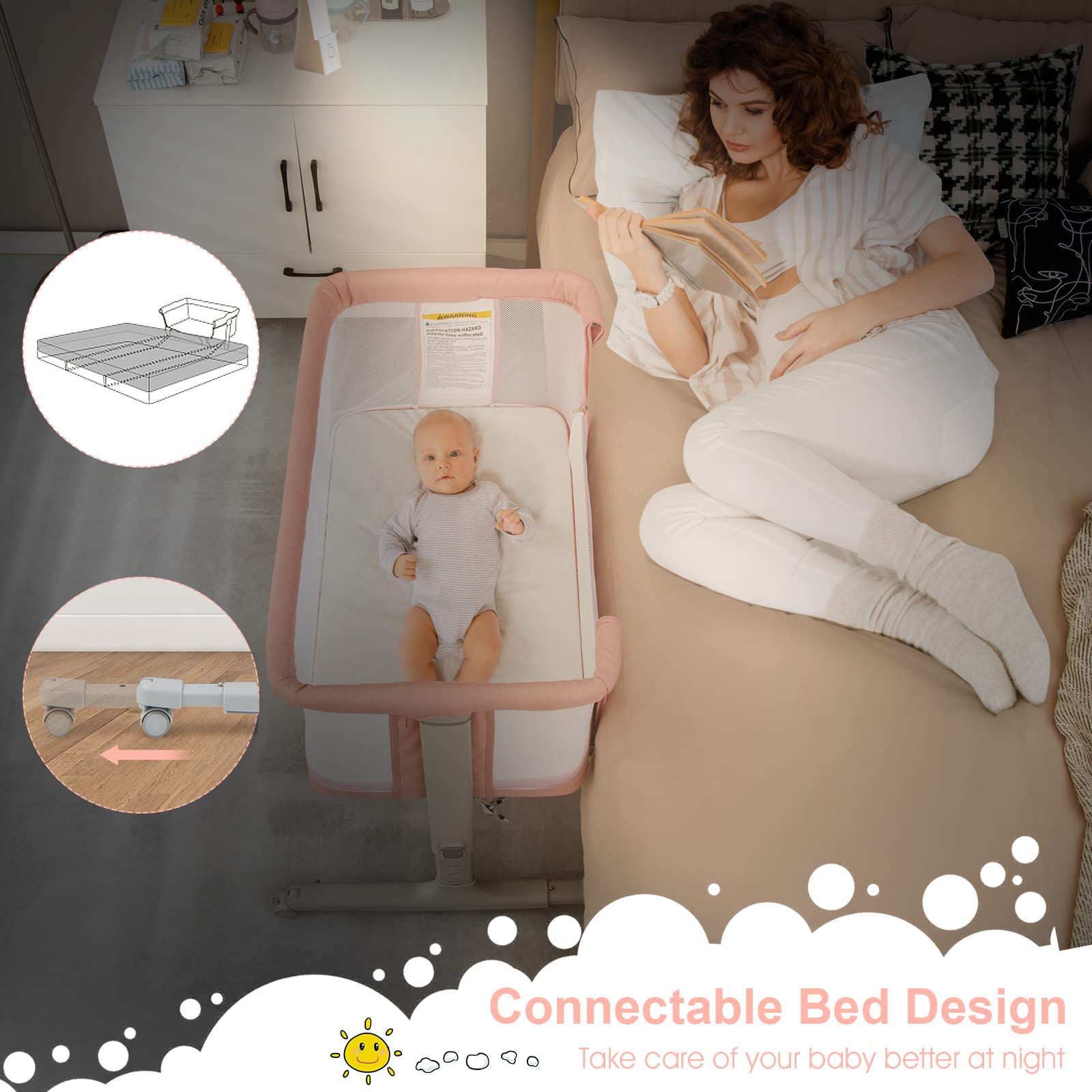 INFANS 3 in 1 Baby Bassinet, Bedside Sleeper for Newborn, Folding Crib with Mattress, Travel Bag, Wheels, 4-Sided Mesh, Easy to Assemble Cradle Co Sleeper Stationary, Rock (Pink)