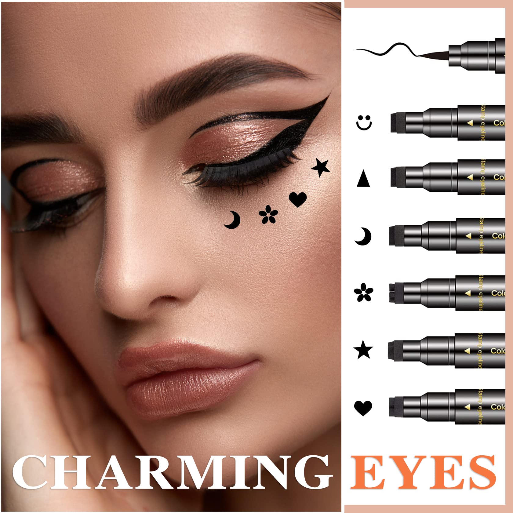 NVLEPTAP 6 Pcs Double-headed Eyeliner Stamps Set Black Liquid Eye Liner Pen With Star,Moon,Heart,Flower,Smiley,Waterproof Eye Liner for Women Create Long Lasting Eye Makeup