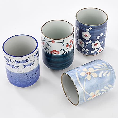 Junrutc Tea Cups,Pottery Chinese Tea Cup Set of 4,Japanese Yunomi Tea Cups,Asian Porcelian Tea Cups,10 oz,Handleless Ceramic Cup for Matcha Tea,Green Tea,Latte,Cappuccino.