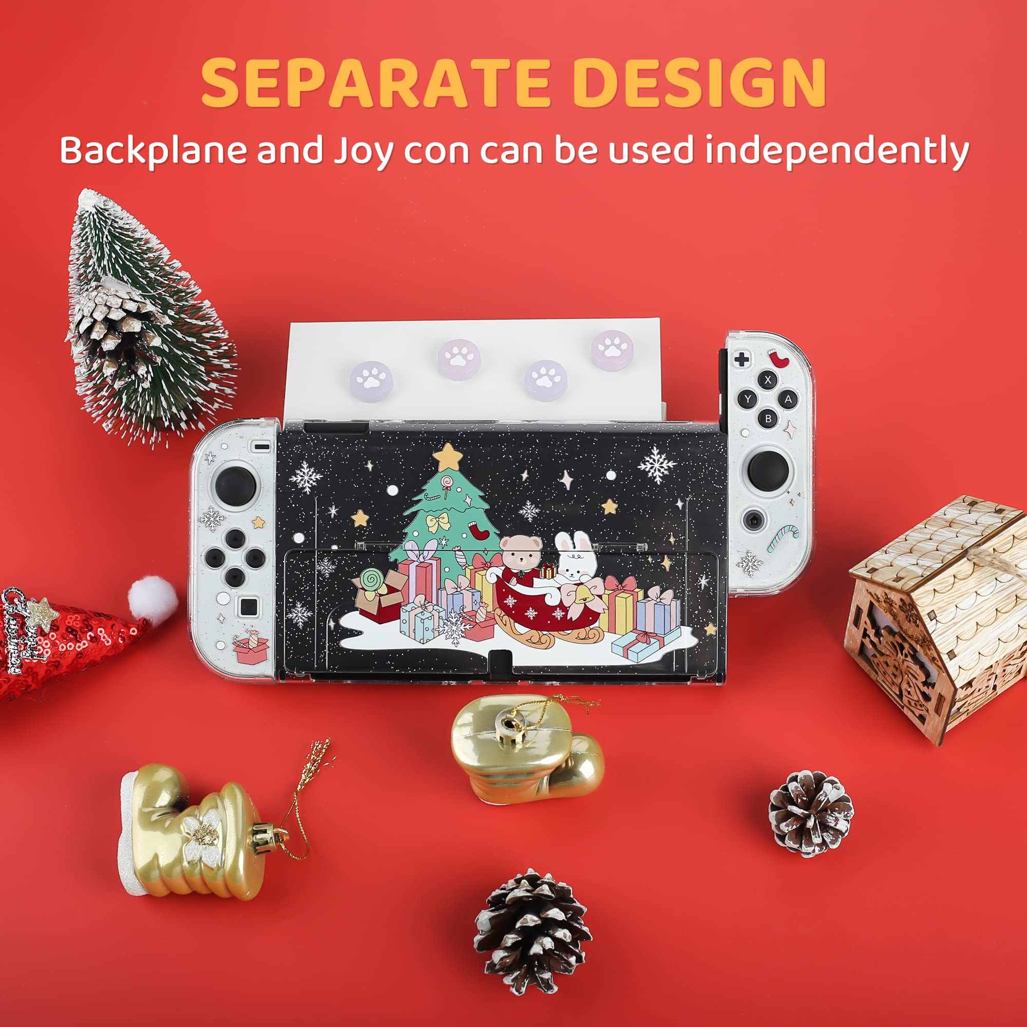 Glitter Case Compatible with Nintendo Switch OLED, FANPL Cute PC Protective Cover for Switch OLED, Kawaii Skin with Thumb Cap & Screen Protector, Accessories for Girl - Christmas Bear & Rabbit Pattern