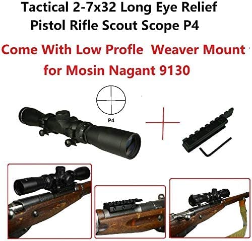 GOTICAL Sports Long Eye Relief Rifles P4 Scope 2-7X32 Fog and Water Resistant + Low Profile Mosin Nagant 11mm Picatinny Rail Adapter Converter 91/30 Model Scope Weaver Mount Compact Short Durable