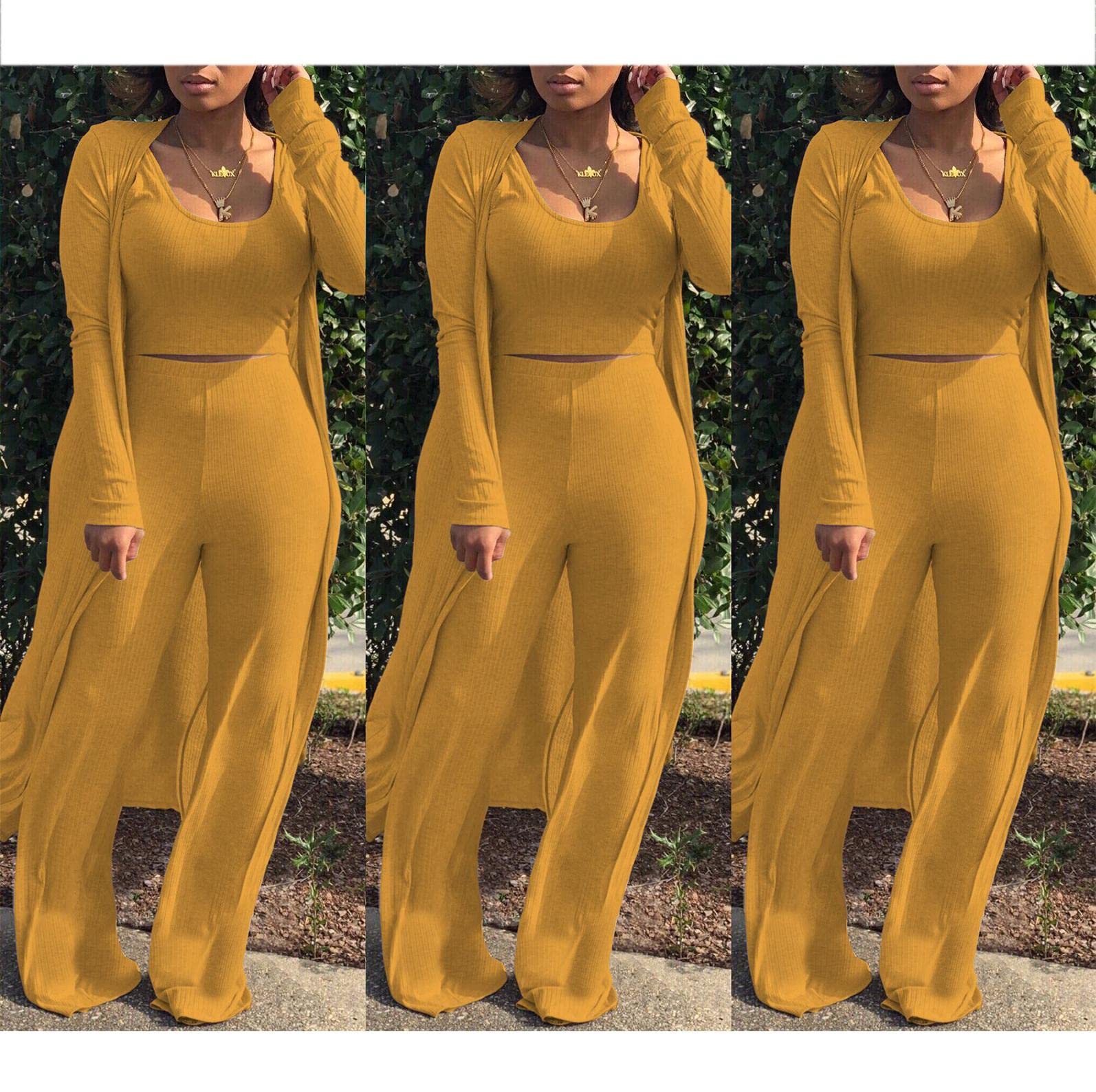 HANMAX Women's Tracksuit Winter Autumn Knitted Long-sleeved Blazer Coat Tank Long Pants Three Piece Sets Outfit