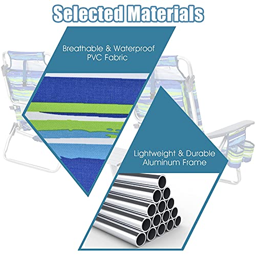 Giantex Beach Chair 2-Pack Sling Camping / Sunbathing Chairs with 5 Adjustable Position, Head Pillow, Storage Bag, Towel Bar, Cup Holders, Folding Fishing Backpack Lawn Chairs