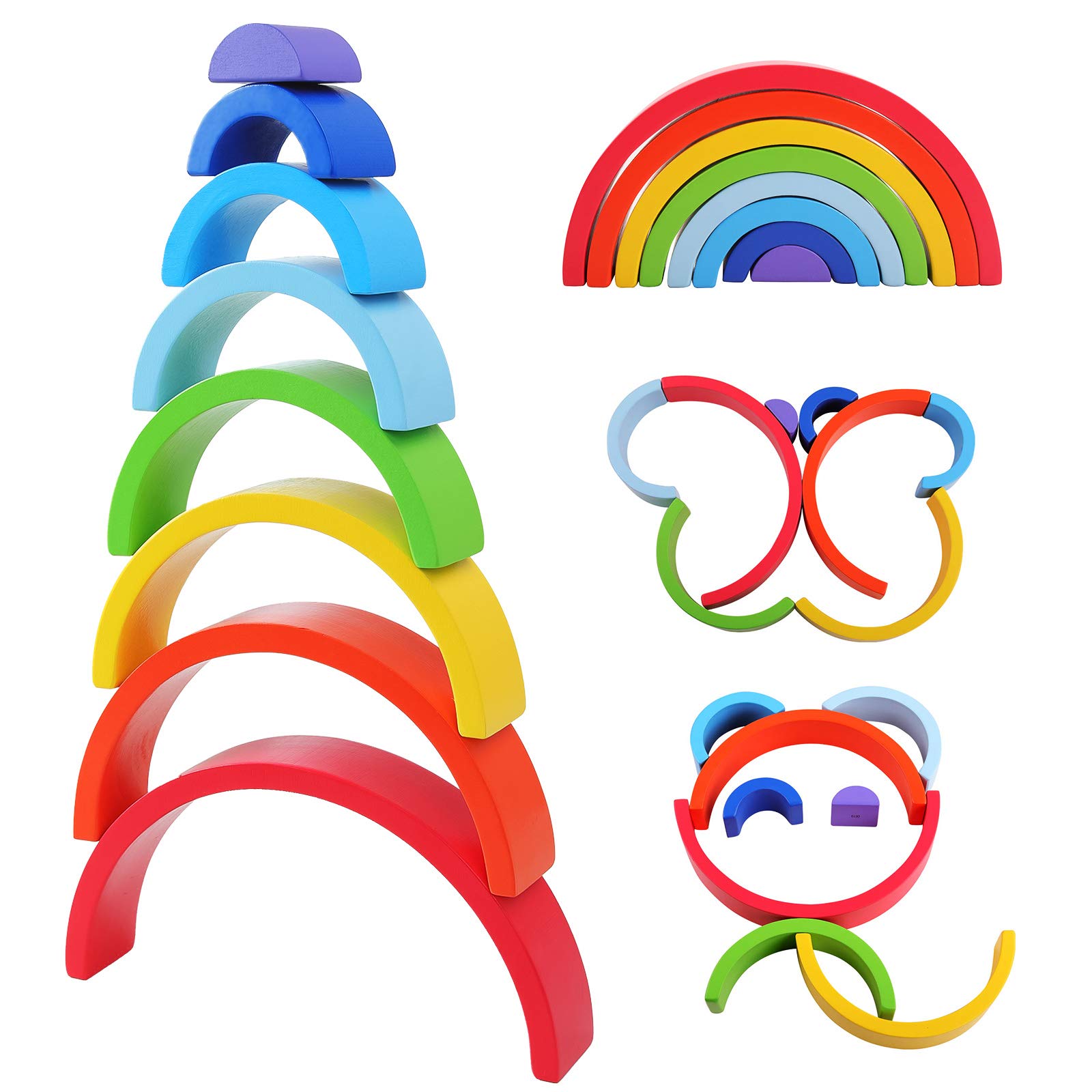 GEMEM 8 Pcs Wooden Rainbow Stacker Large Nesting Blocks Puzzles Stacking Montessori Learning Educational Toys for Baby Toddlers