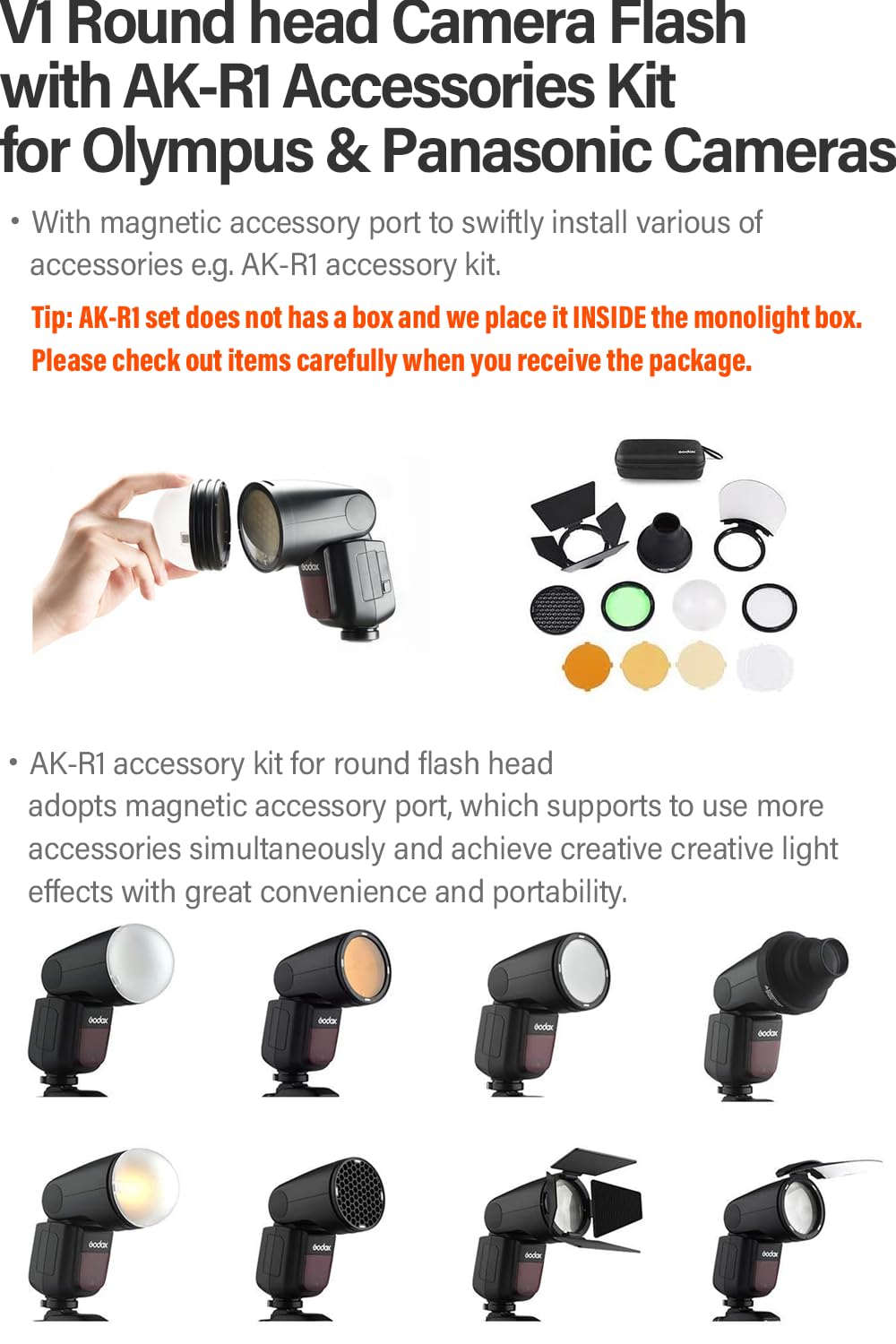 Godox V1-O TTL Flash Speedlite 76WS GN92 2.4G High-Speed Sync 1/8000s 2600mAh Li-ion Battery Round Head Camera Speedlight with Godox AK-R1 Accessories Kit Compatible for Olympus Panasonic Cameras