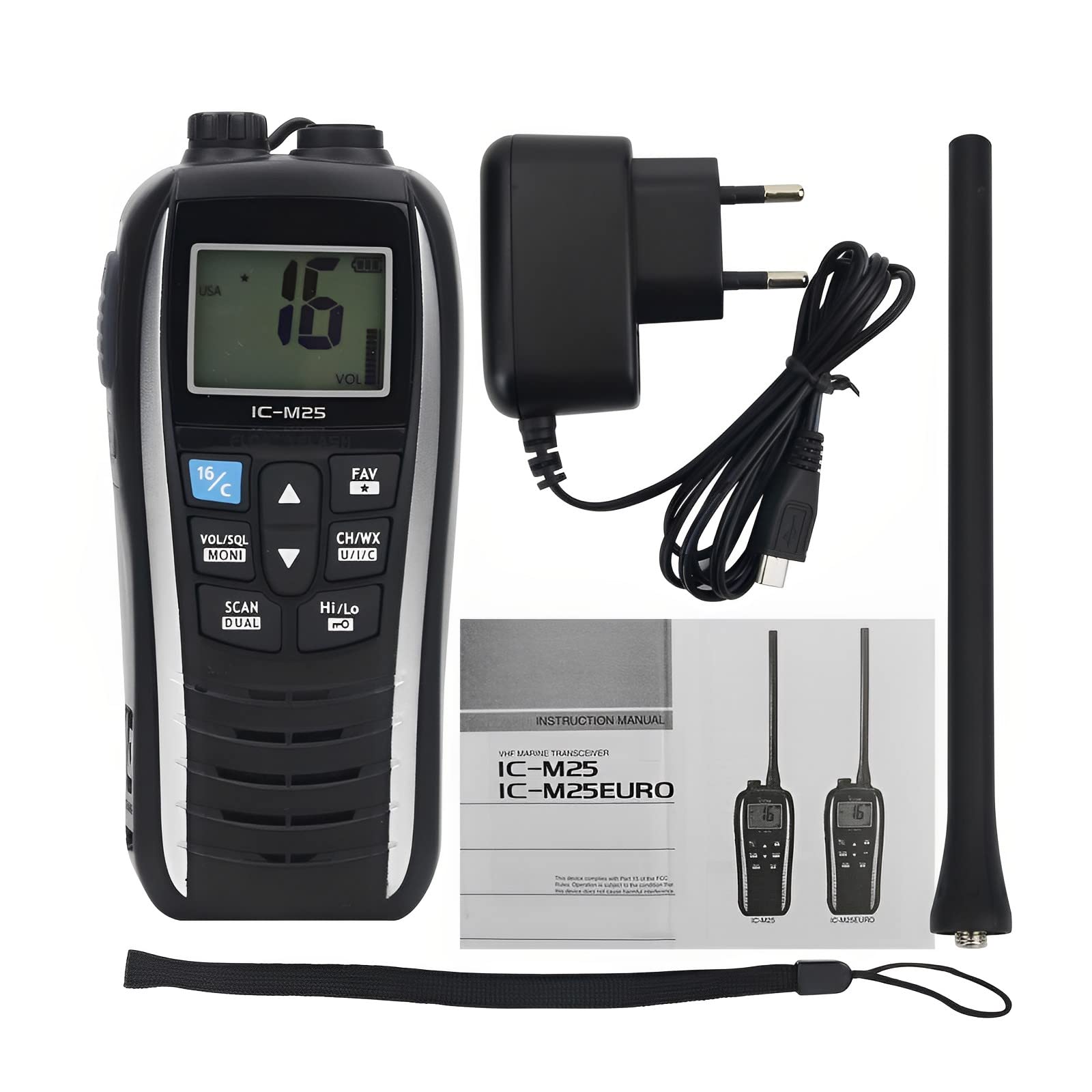 IC-M25 Marine Walkie Talkie Portable Two Way VHF Radio 5KM Waterproof Handheld Transceiver Analog 88 Channels 5W Output Watts Slim Body Full-Featured Floating Micro-USB Charging Port no Need License