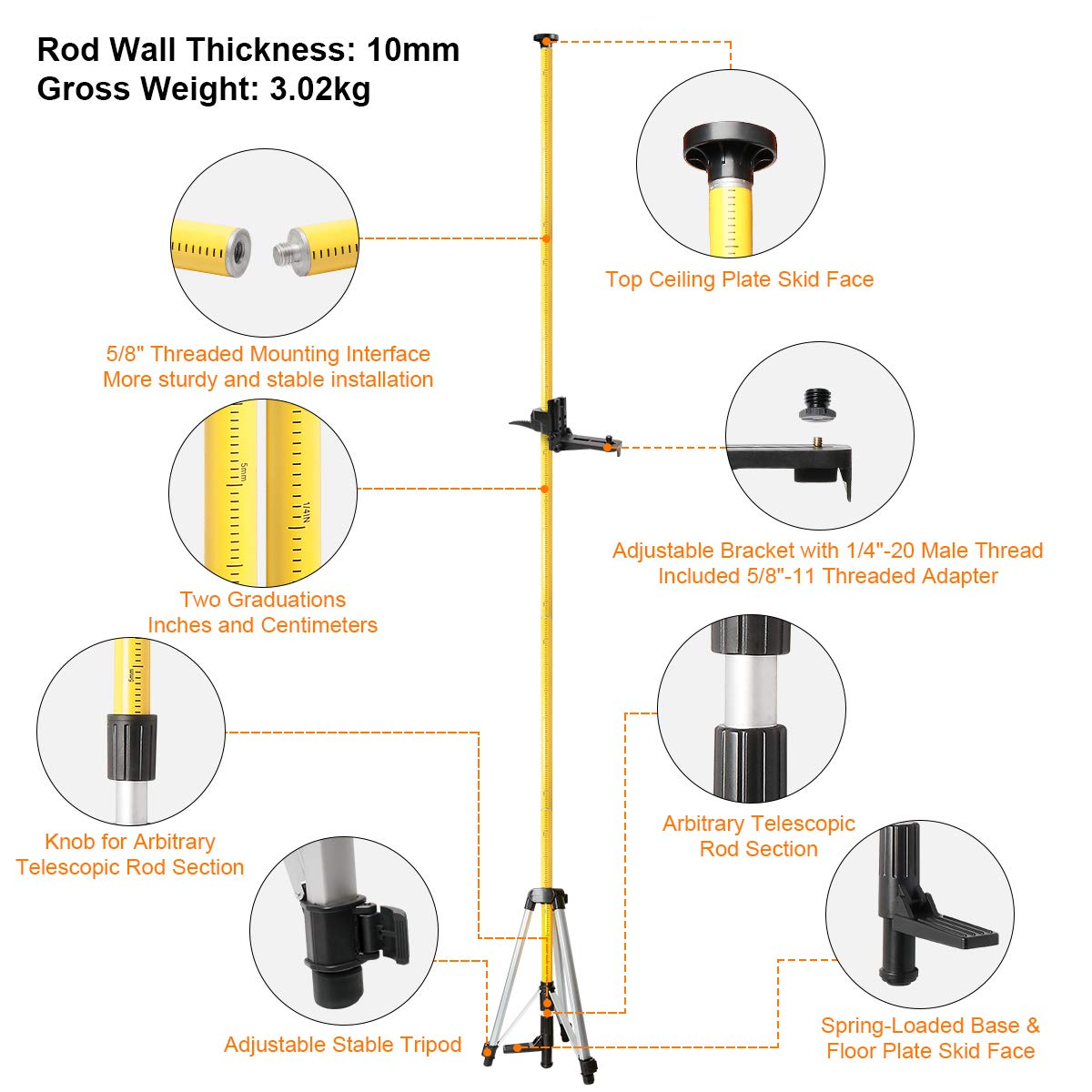 Huepar Upgraded Mounting Clamp with Clip - has 1/4"-20 Male Thread and 5/8"-11 Thread Adapter for Telescoping Pole for Rotary and Line Laser Levels, Adjustable Bracket LP36M-S