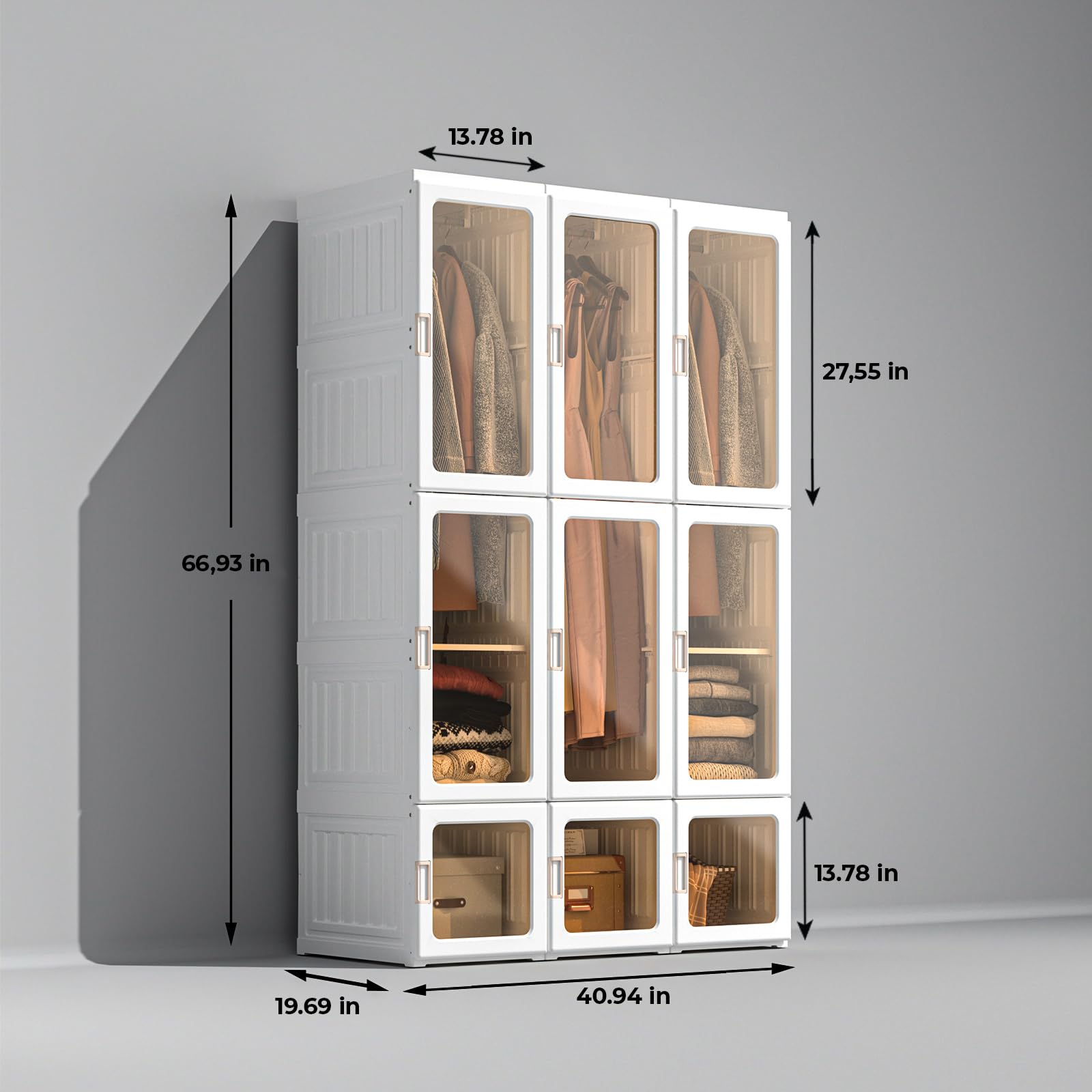 HAIS Portable Wardrobe Closet Storage Organizer Large Capacity 20" Deep Portable Plastic Closet Armoire (5 Cubes-3 Hanging Rods) Collapsible Foldable Organizer Cloakroom Wardrobe Magnetic Doors