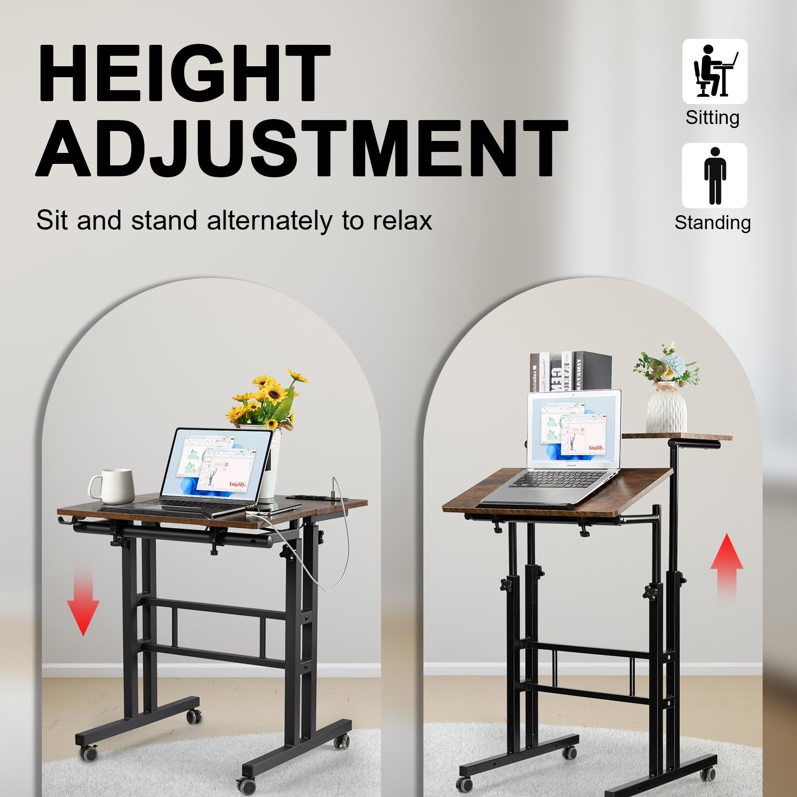 Hadulcet Mobile Standing Desk with Charging Station, Adjustable Standing Computer Desk, Standing Adjustable Laptop Cart with Wheels for Home Office Classroom Rustic Brown