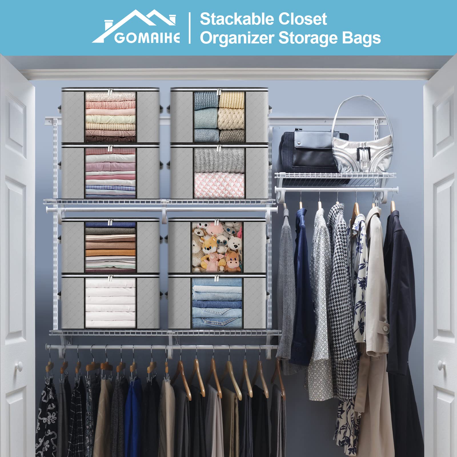 GoMaihe Clothes Storage Bags 4 Pack, Foldable Storage Bins Closet Organizers Stackable Containers with Reinforced Handles and Lids, Clothing Blanket Toy Shoe Comforters Pillow Organization, Grid Gray