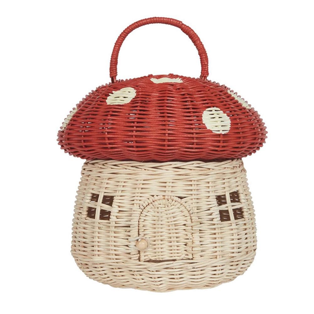 Lizusidtsy Handmade Rattan Mushroom-Shaped Storage Basket- Cute Handmade Handcrafted Gift Decoration Artwork Rattan, Red 24 X 28cm