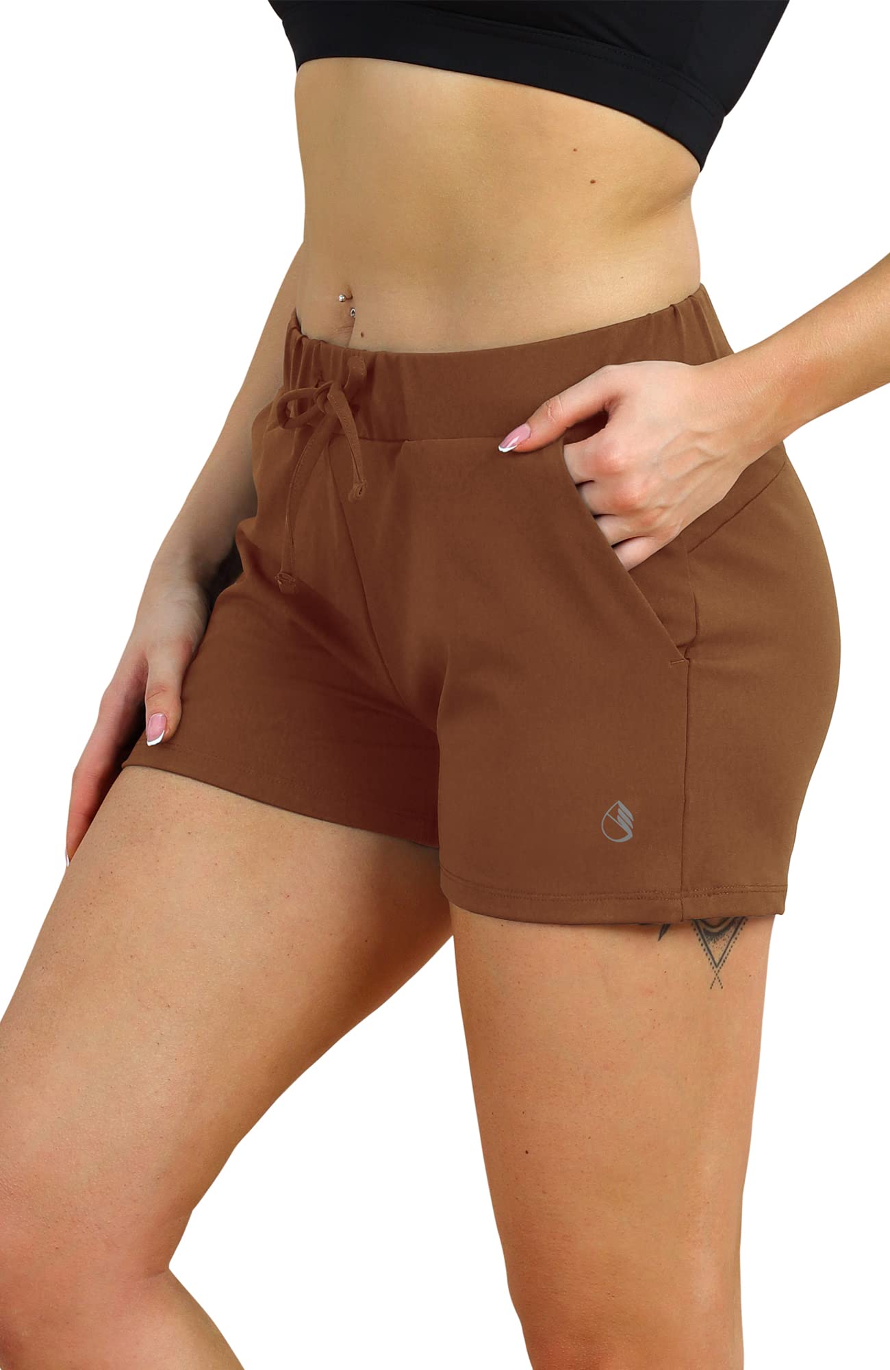 icyzone Running Workout Shorts for Women - Gym Yoga Exercise Athletic Shorts with Pockets (M, Brown)