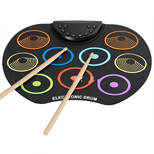 IULJH Portable Mini Digital Electronic Drum Kit 9 Pads Silicone Roll-Up Set Drumsticks Foot Pedal