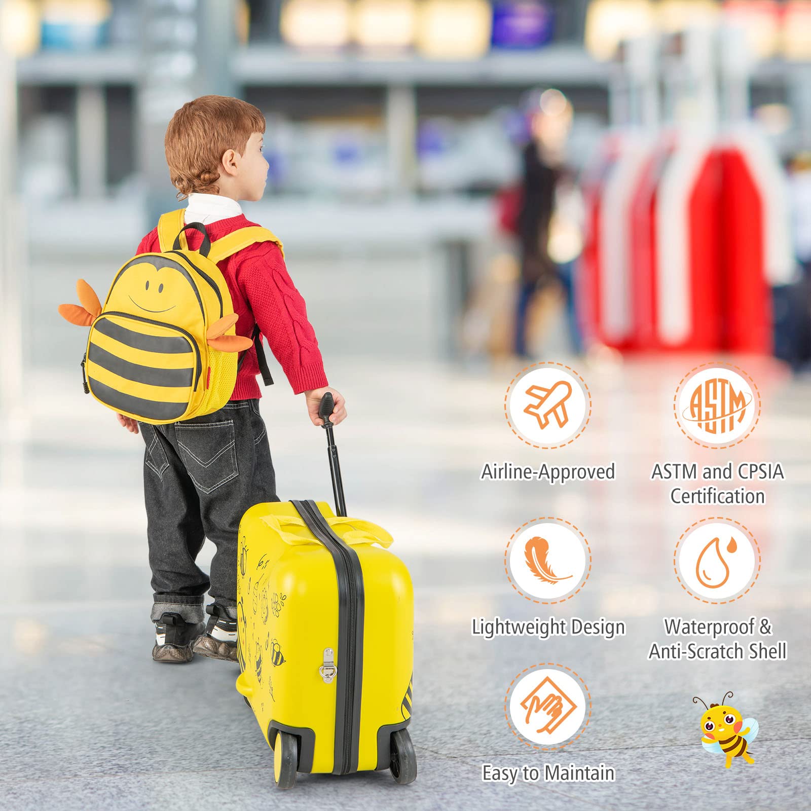 HONEY JOY 12" Bee Themed Kids Travel Backpack & 18" Hardside Suitcase with Wheels, Yellow, 2 Pcs