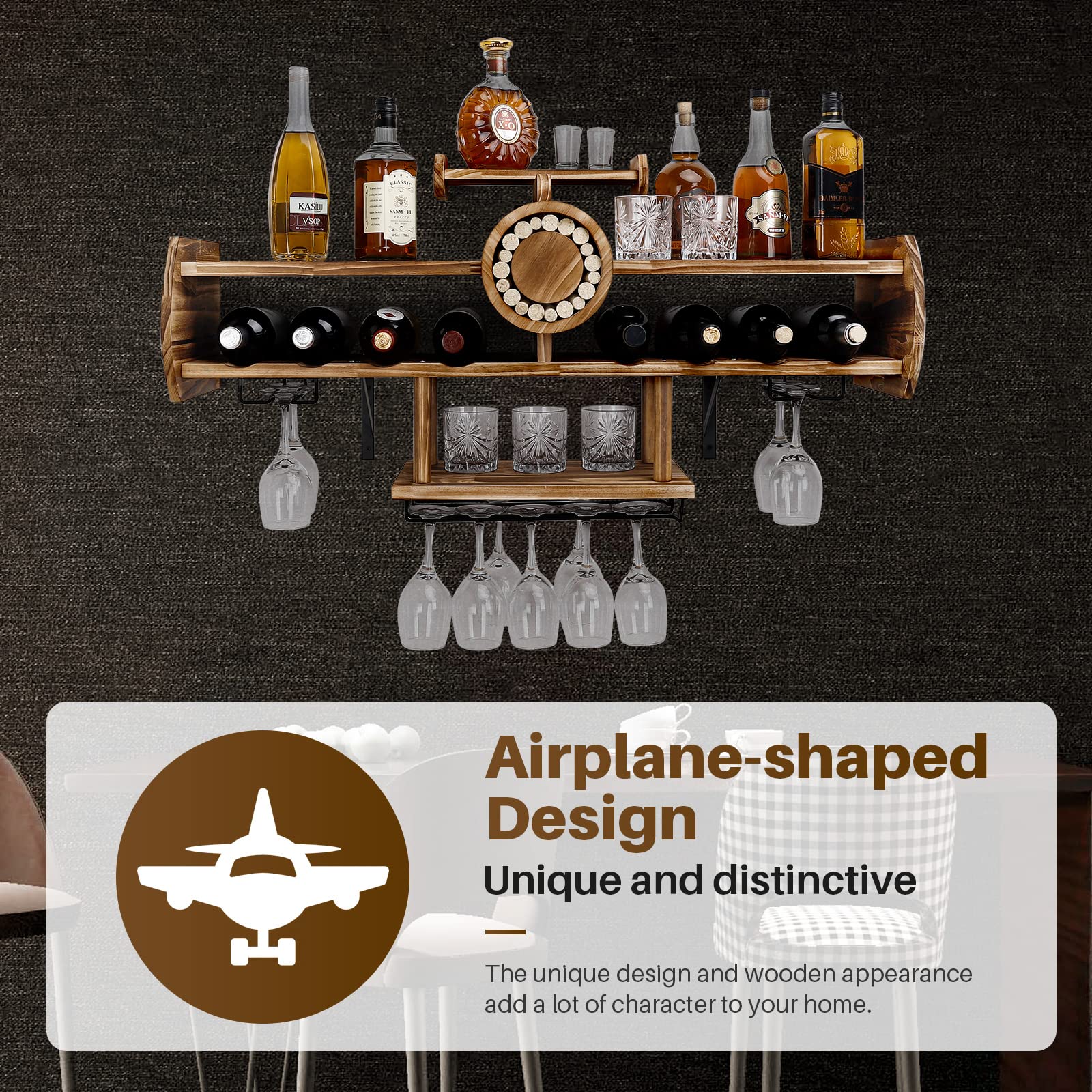 Homde Wine Rack Wall Mounted Wood,Wine Shelf with Bottle Stemware Glass Holder Rustic, Airplane Shape Multi Functional Wine Display Storage Rack for Home Bar (Light Brown)