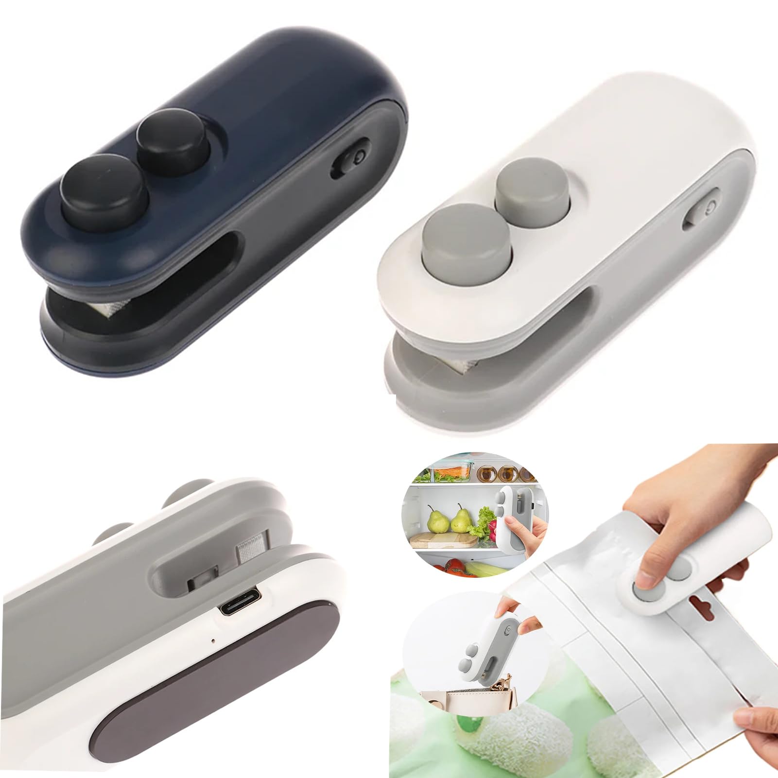 Mini Bag Sealer 2 Pack Bag Sealer with Cutter and Magnet 2 in 1 Mini Bag Resealer Machine Portable Handheld Rechargeable Heat Vacuum Food Sealer for Plastic Bags Snacks & Food Storage (2, white&blue)