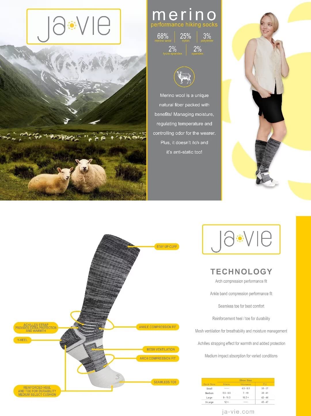 ja vie JAVIE 68% Merino Wool Performance Breathable Knee High Socks for Women & Men