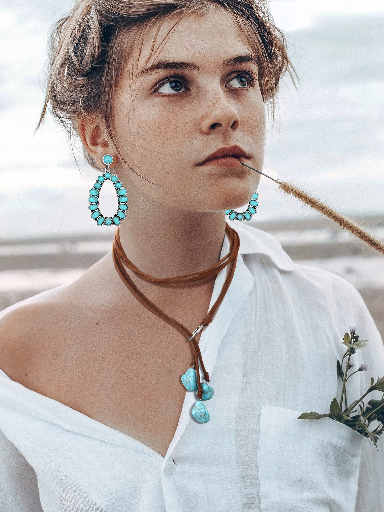 Inbagi 3 Pcs Western Jewelry for Women Bohemian Set, Boho Pendant Long Choker, Faux Leather Layered Bracelet, Dangle Earrings(Elegant Style)