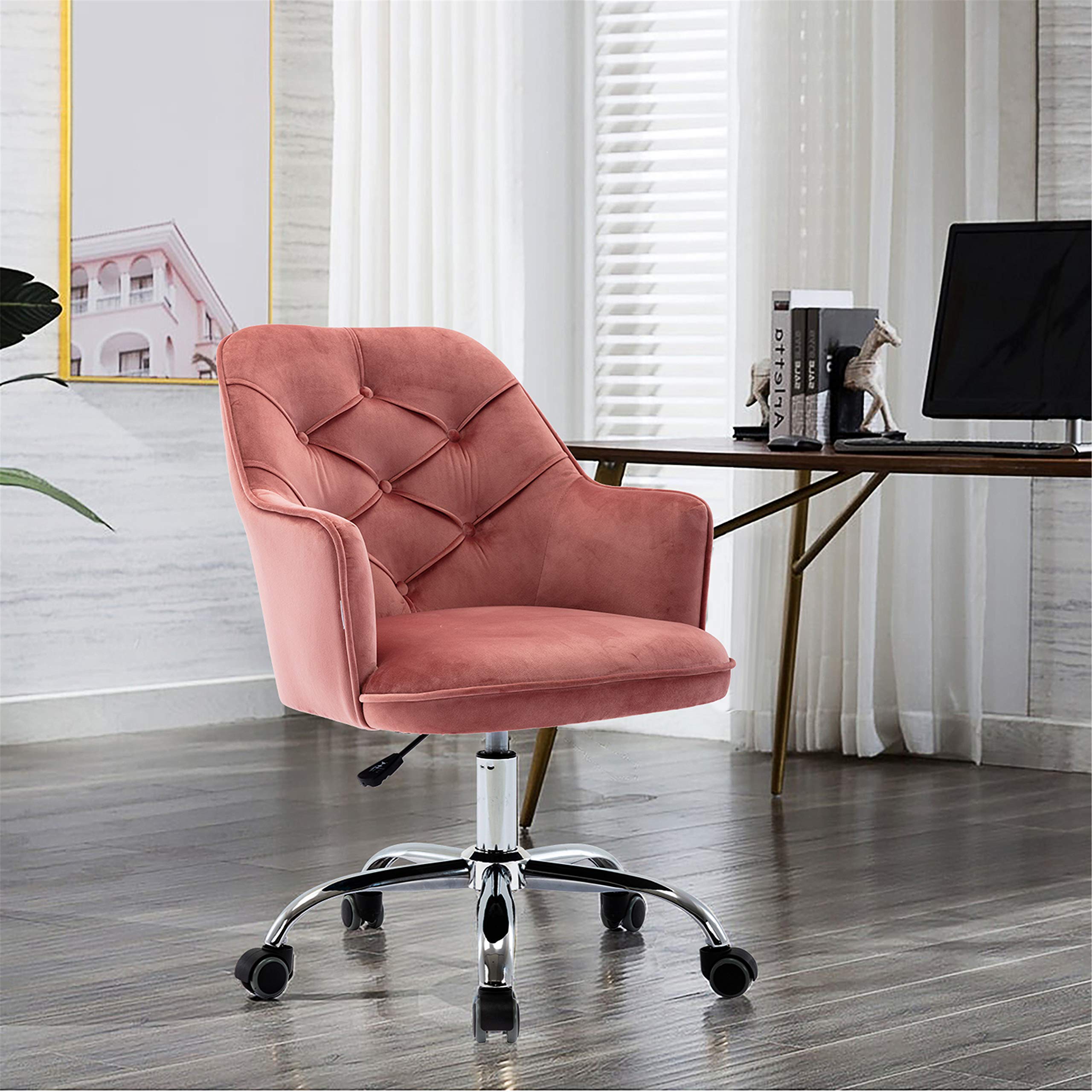 Goujxcy Upholstered Velvet Swivel Chair on Rolling Castors, Adjustable Lift Height Home Office Leisure Armrest Shell Chair with Backrest, Pink