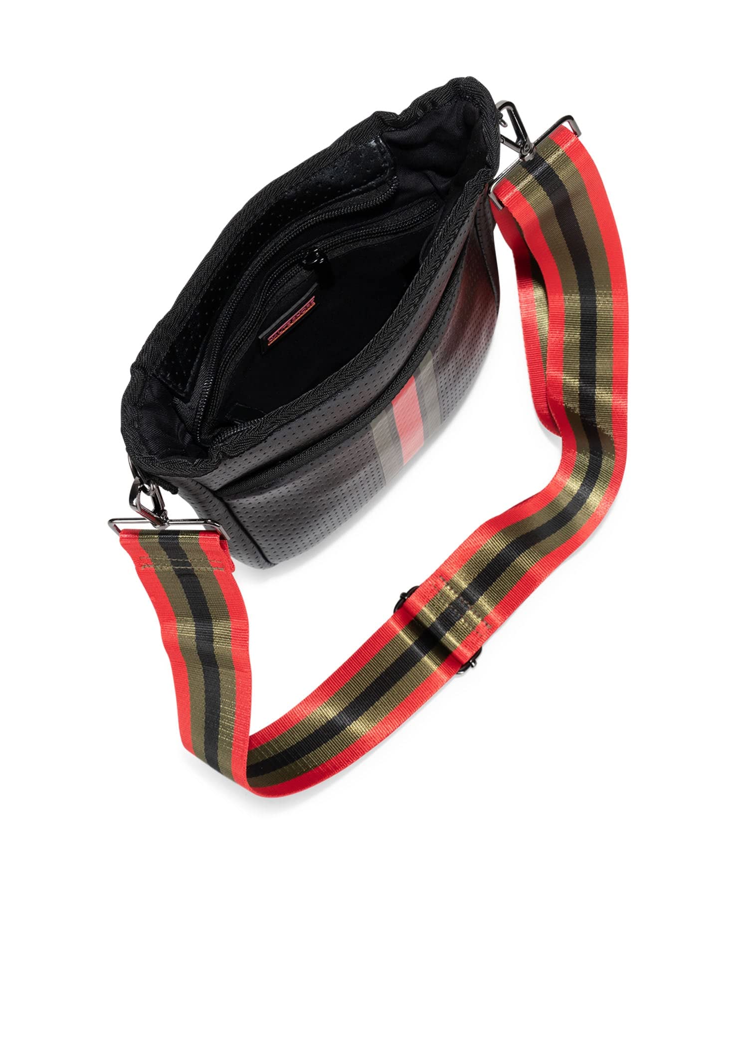 Haute Shore - Jeri Bello Crossbody Tote, Black Coated W/Olive, Black, & Red Stripe