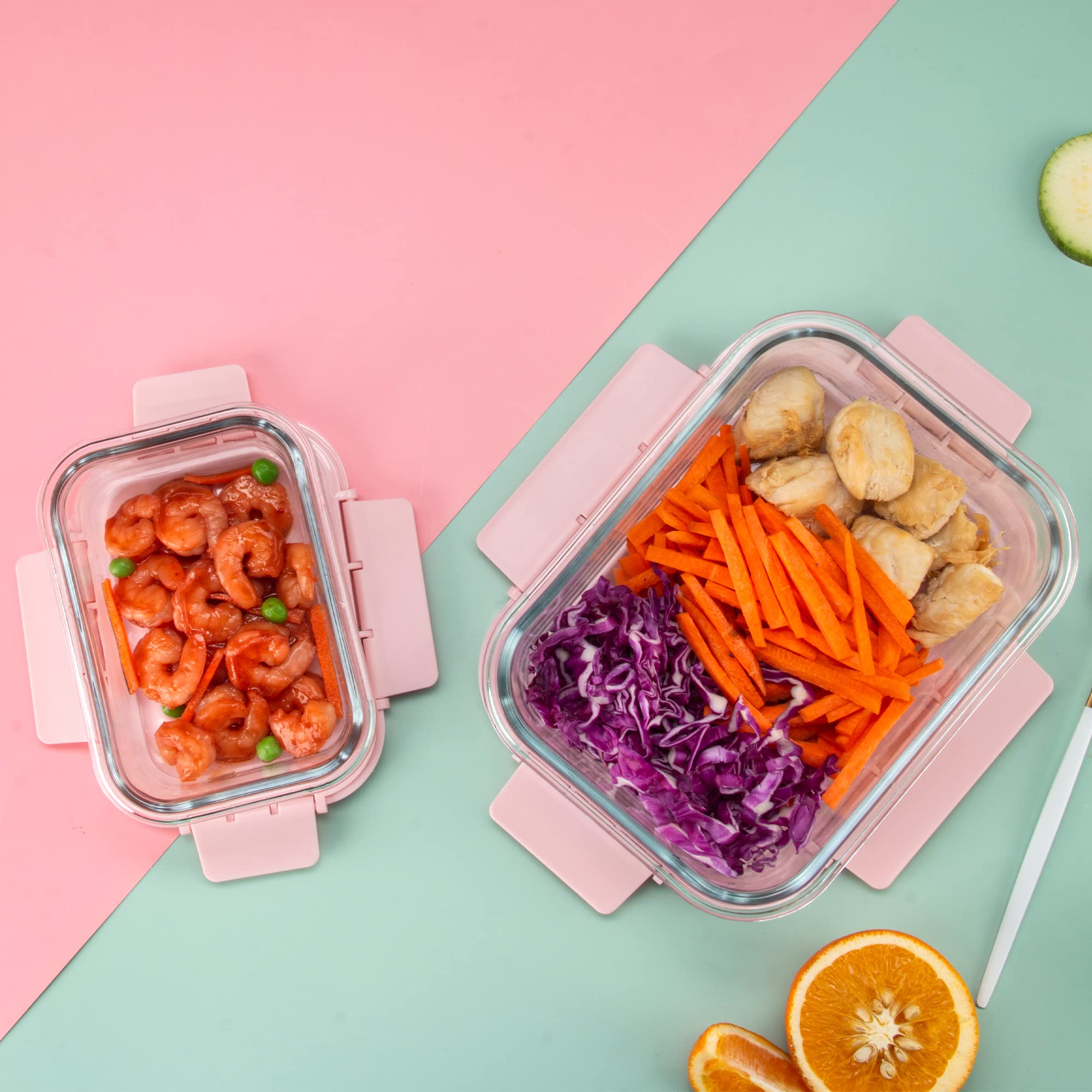 HAKEEMI Glass Meal Prep Containers 10 Pack, Glass Food Storage Containers with Snap Locking Lids Airtight Built in Air Vents, Glass Containers for Lunch, Microwave/Dishwasher Safe, Pink